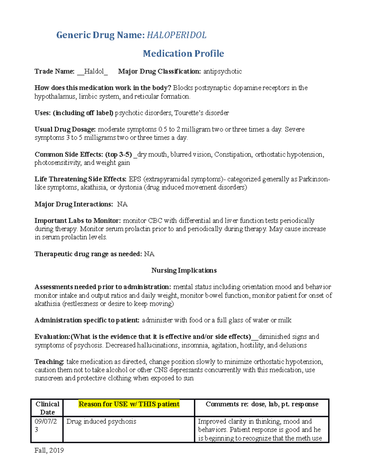 Medication Profile sheet Haloperidol - Generic Drug Name: HALOPERIDOL ...