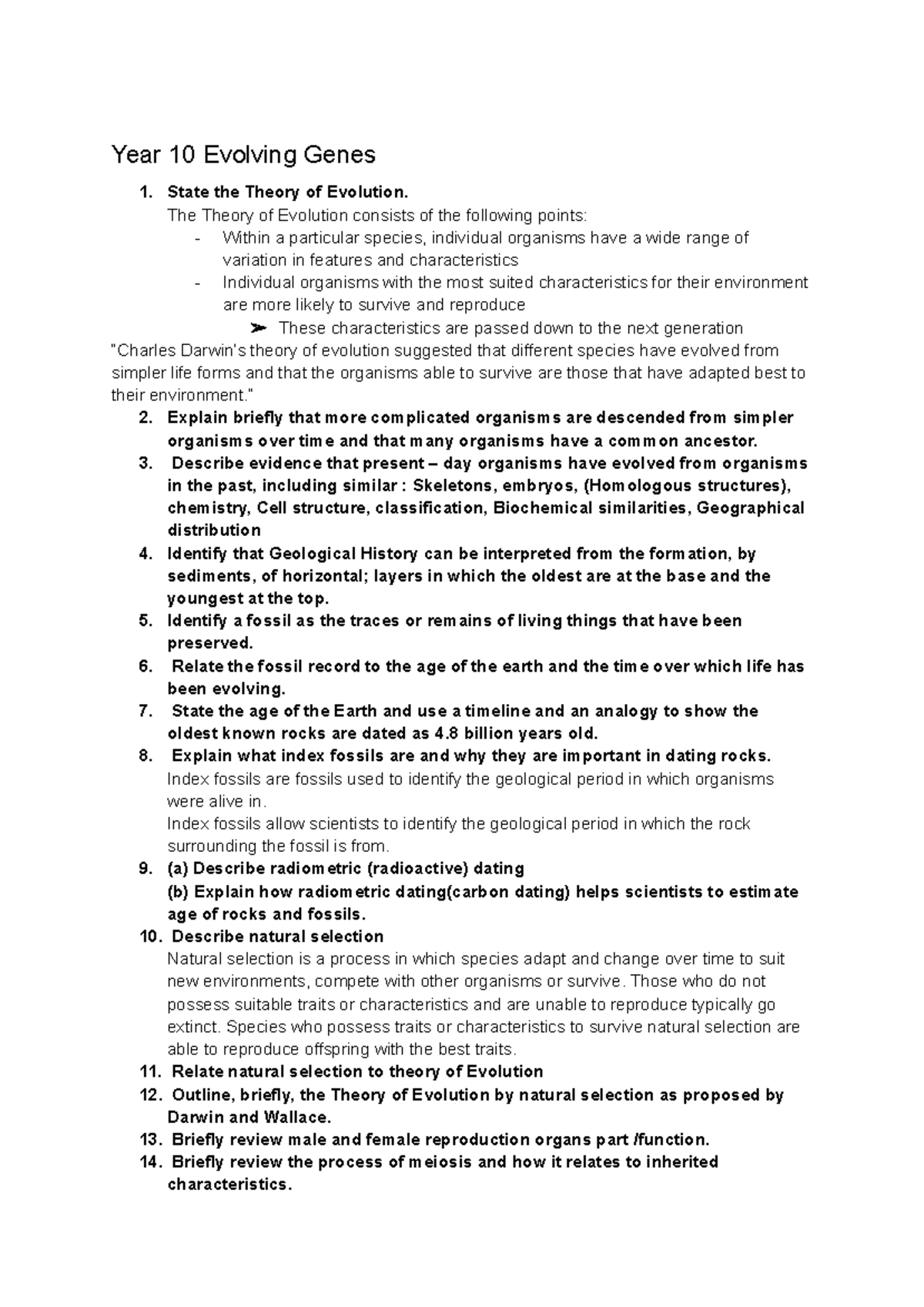 Evolving Genes Syllabus Dotpoints - Year 10 Evolving Genes State the ...