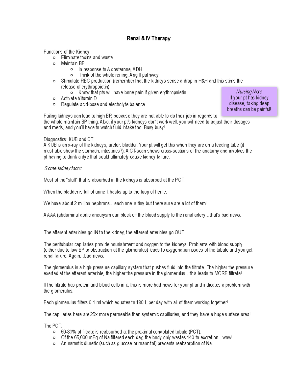 Renal and iv therapy 1 - Renal & IV Therapy Functions of the Kidney: o ...