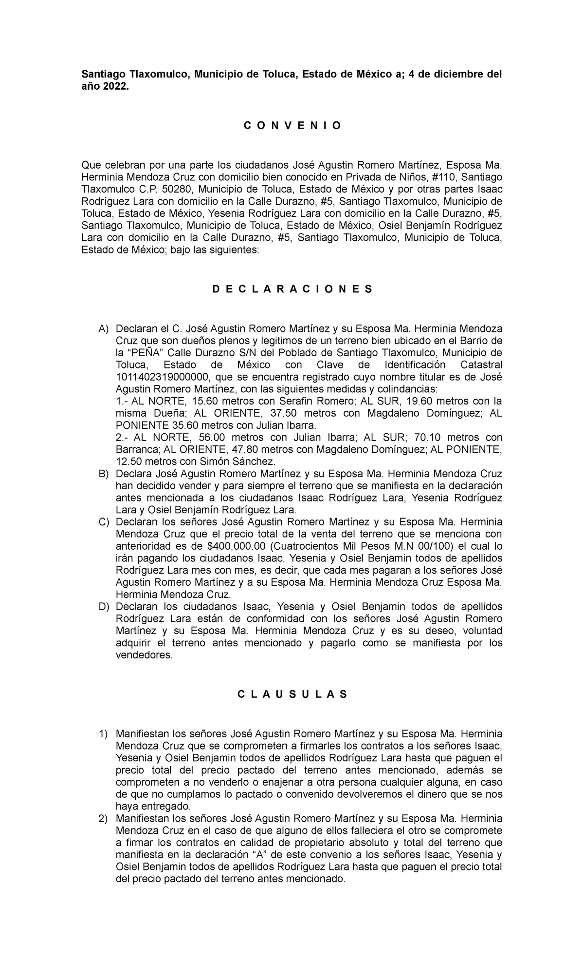 Convenio Isaac, Yeseni, Osiel Benjamin Y JOSE Agustin Y Esposa ...