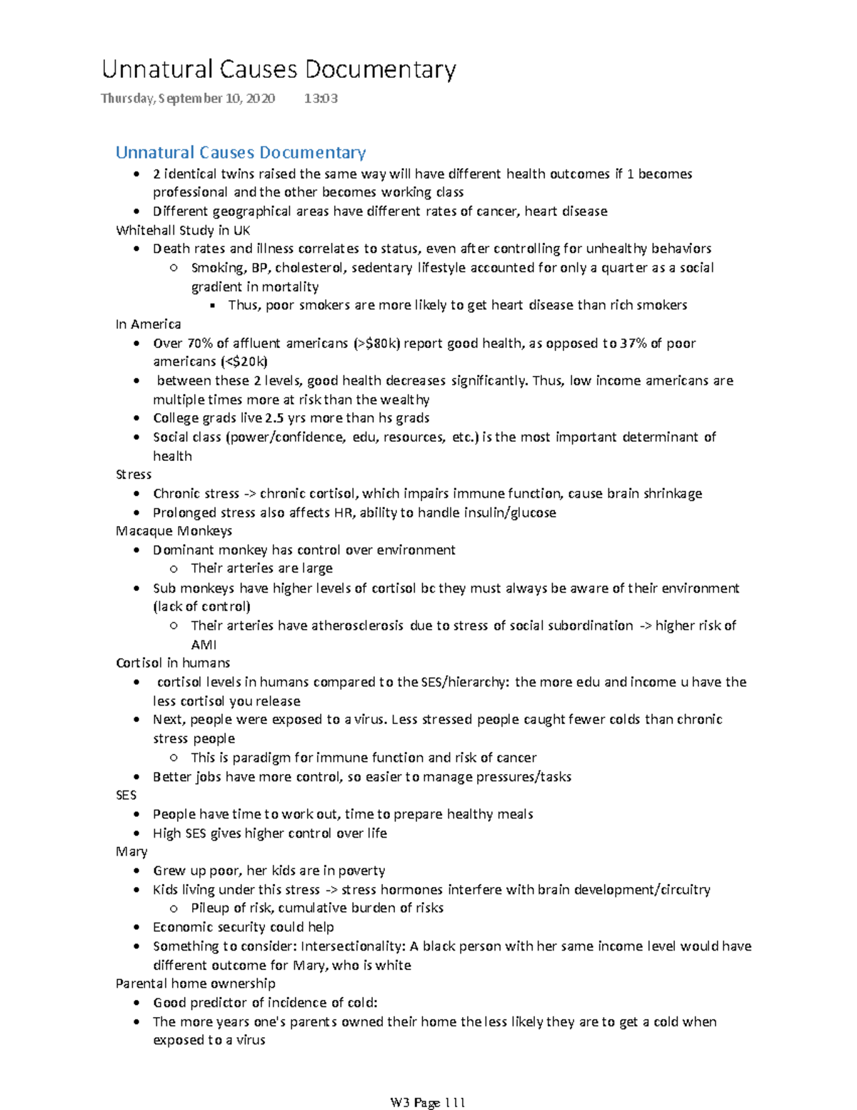 Week 3 Unnatural Causes Documentary Notes and Lecture - Unnatural ...