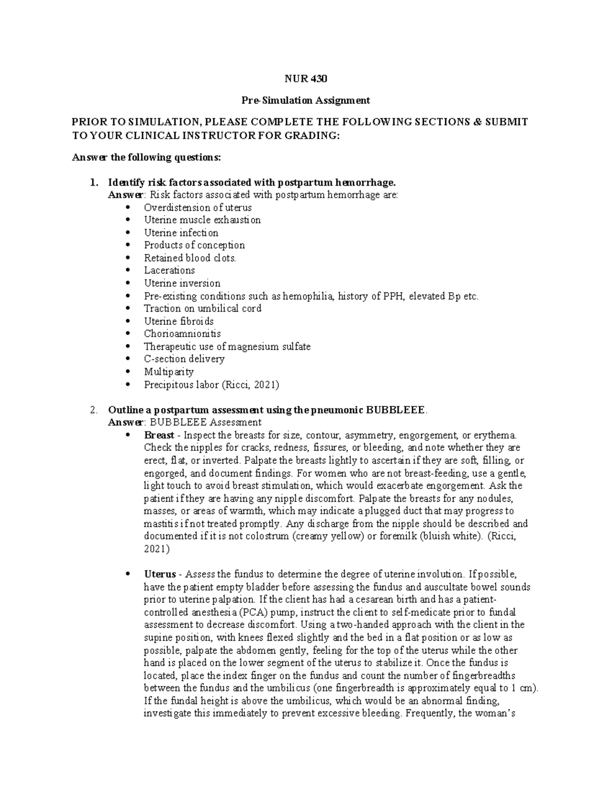 Pre-Simulation Assignment - NUR 430 Pre-Simulation Assignment PRIOR TO SIMULATION, PLEASE ...