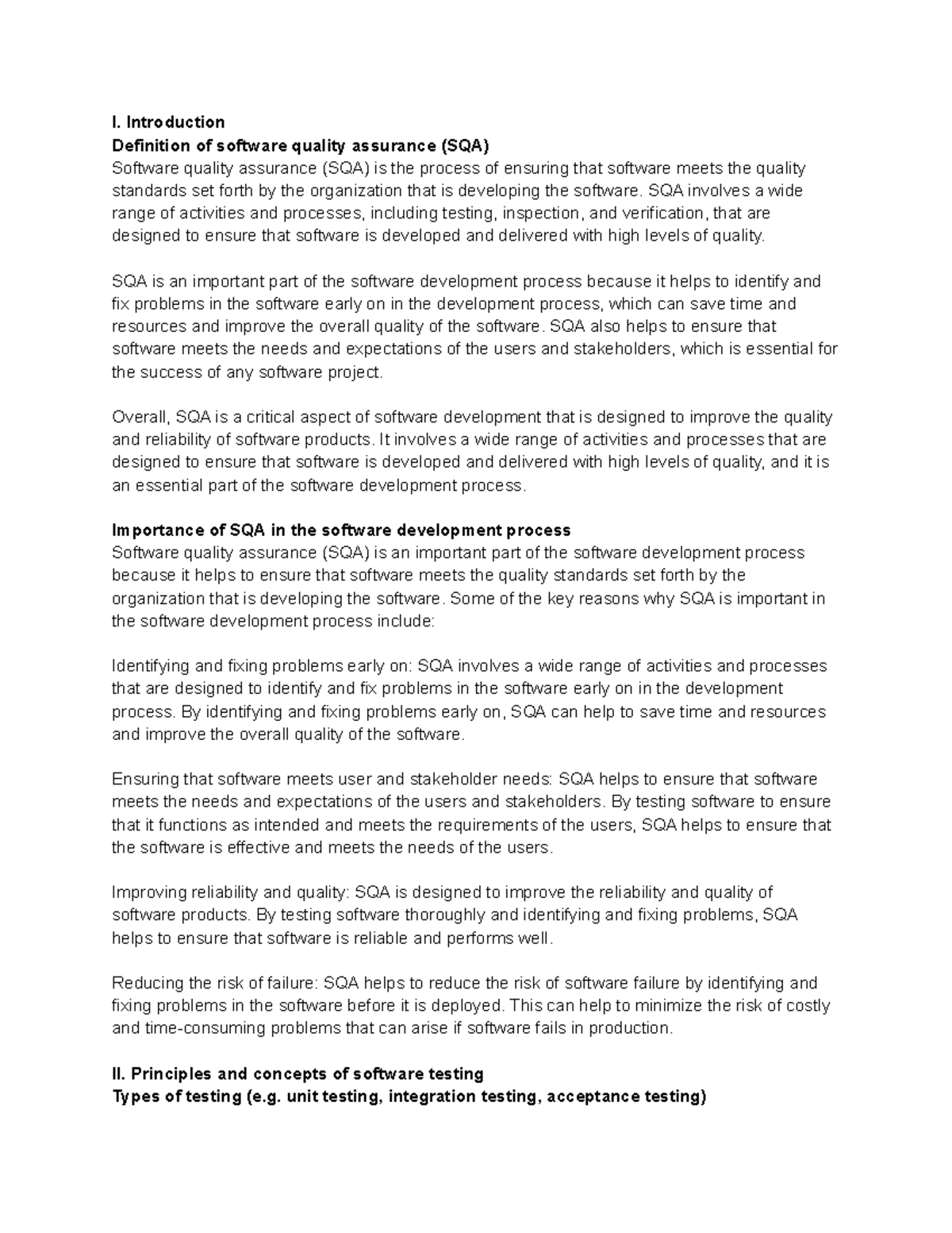 CSC-256 Software Quality Assurance Notes - I. Introduction Definition ...