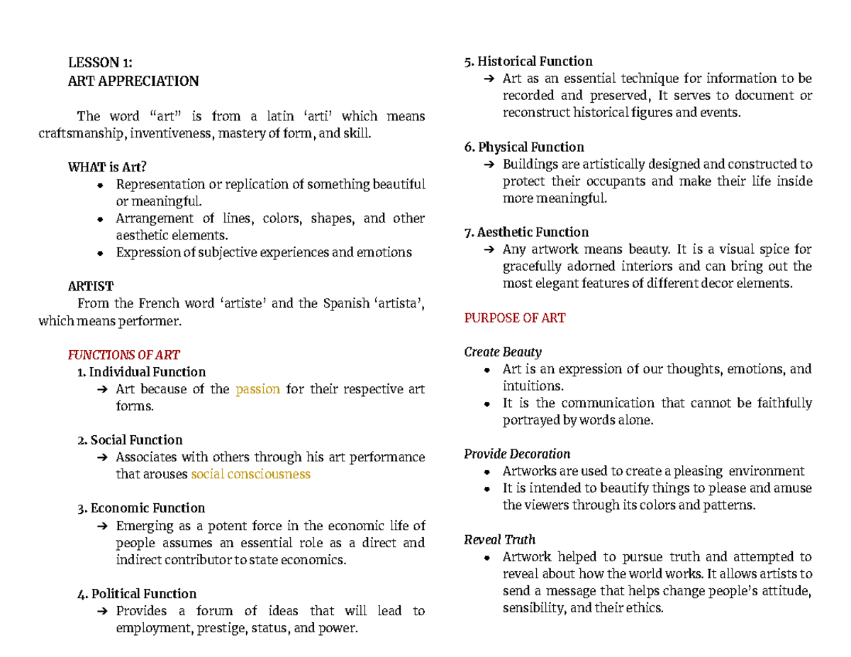 Art Appreciation - Lesson 1, Lesson 2, & Lesson 3 - LESSON 1: ART APPRECIATION The word “art” is ...