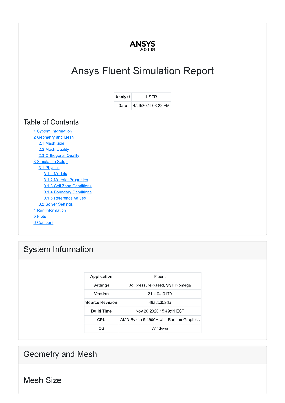 1 Ansys Fluent Simulation Report - Ansys Fluent Simulation Report Table ...