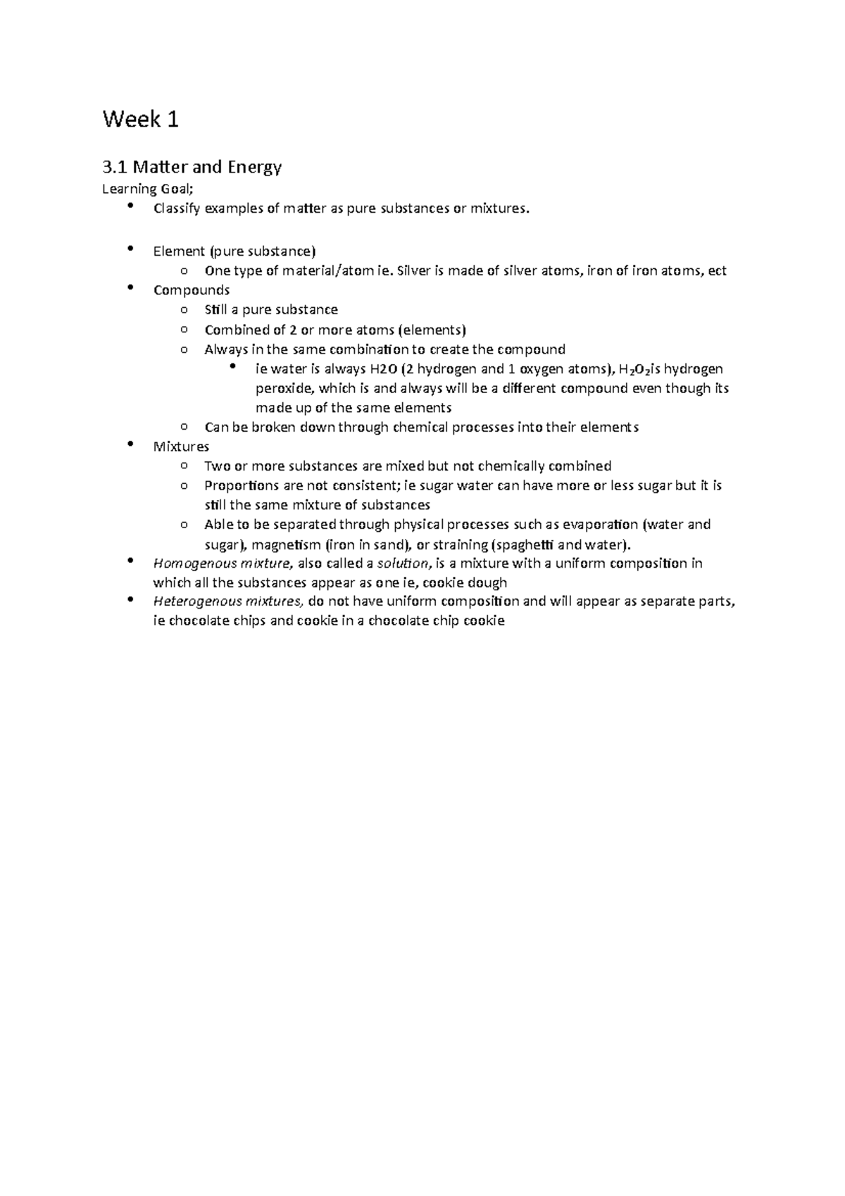 Week 1 Lecture/ Reading Notes - Week 1 3 Matter and Energy Learning ...