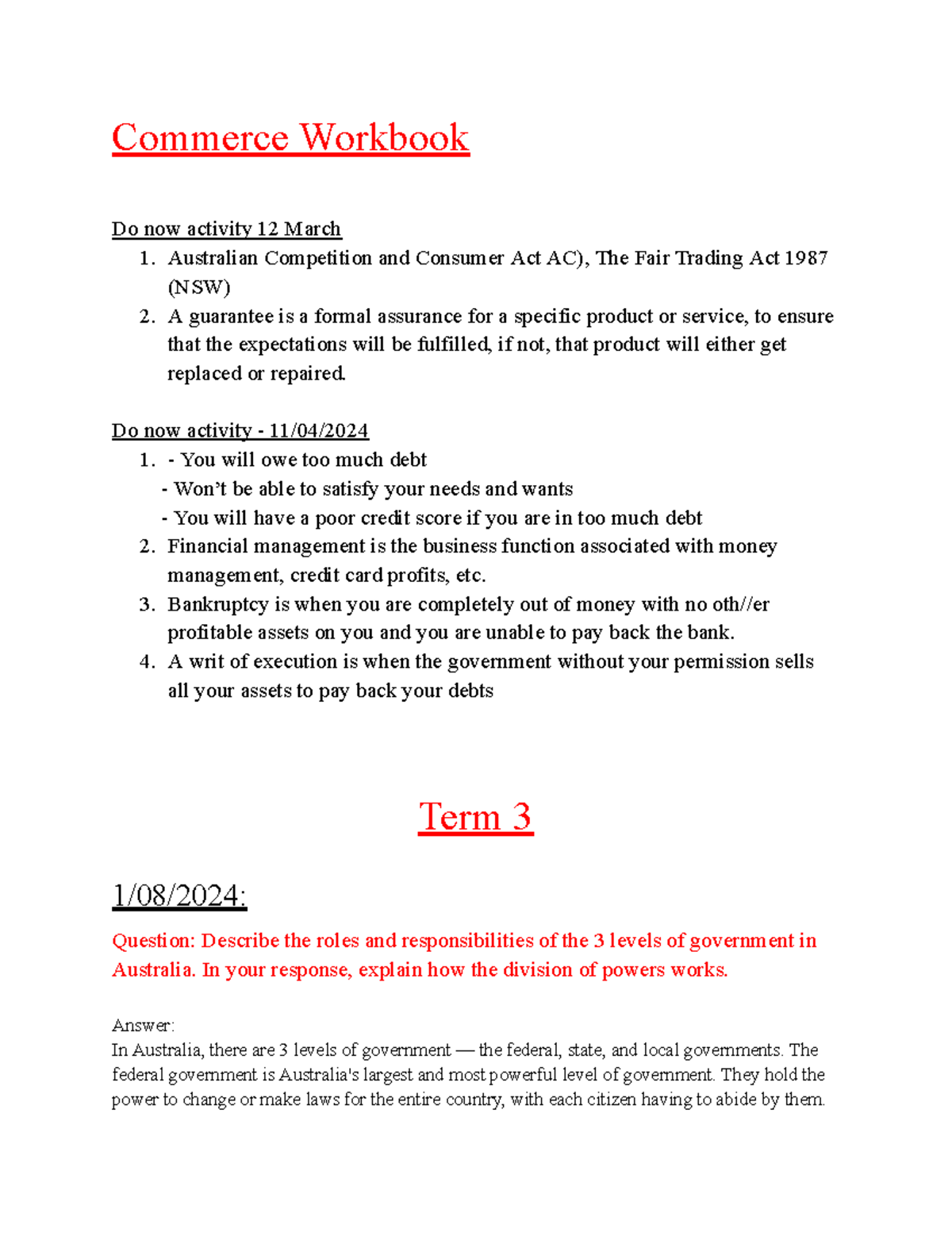 Commerce Workbook - Australian Competition and Consumer Act AC), The ...