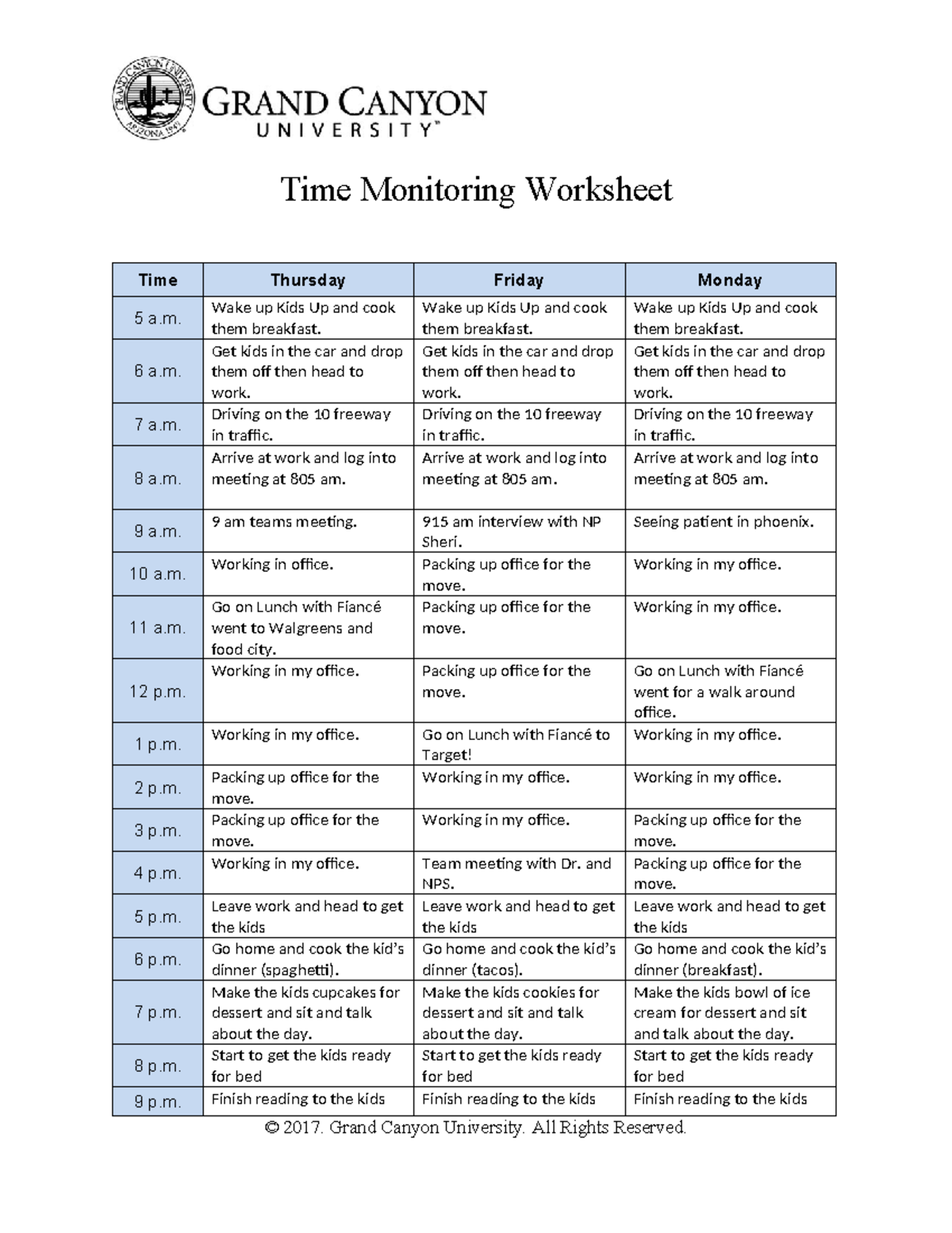 UNV503 - class work tp assist - Time Monitoring Worksheet Time Thursday ...