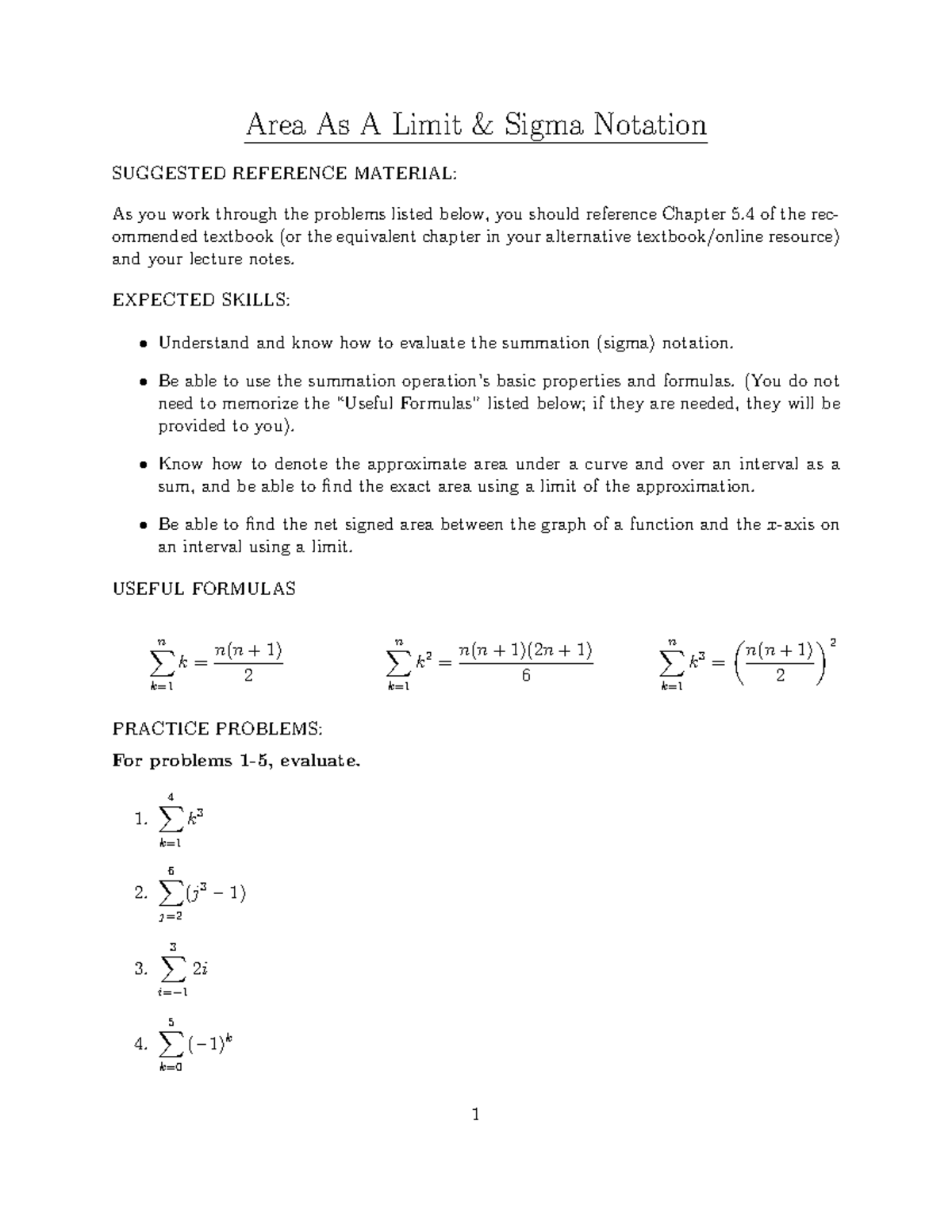Homework 1 - Area As A Limit & Sigma Notation SUGGESTED REFERENCE ...