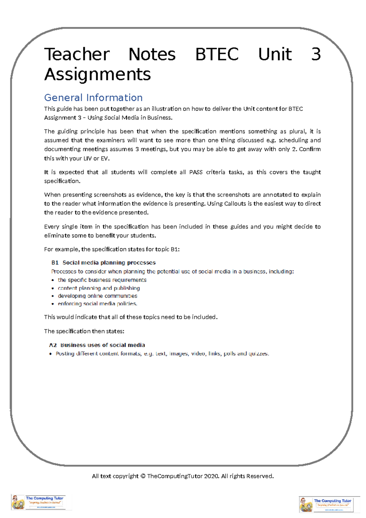 Teacher Notes Unit 3 - Teacher Notes BTEC Unit 3 Assignments General ...