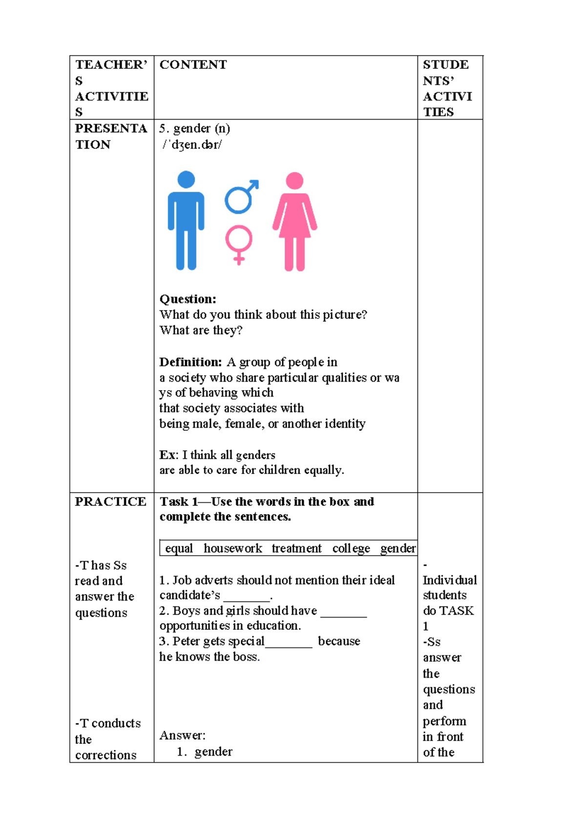 Prepare Lesson - abc - TEACHER’ S ACTIVITIE S CONTENT STUDE NTS’ ACTIVI ...
