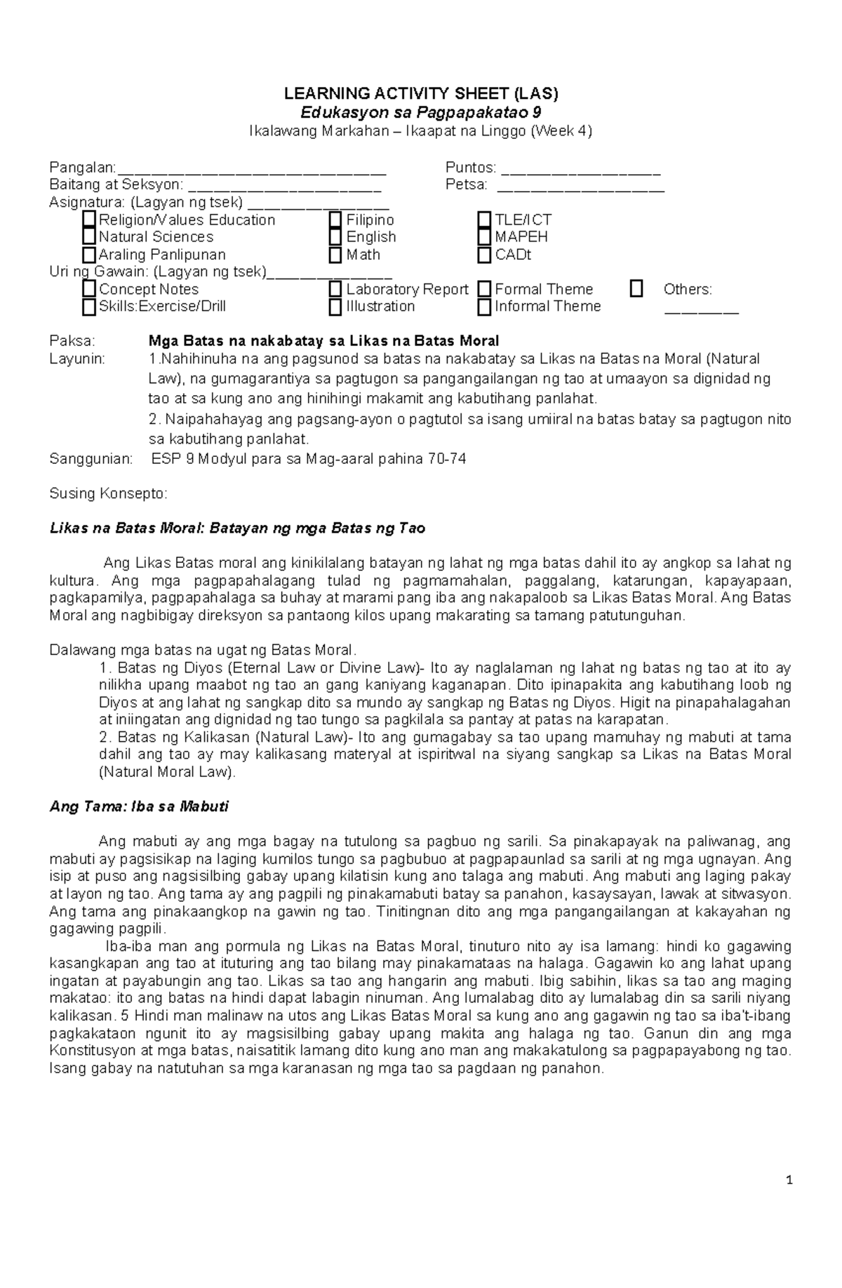 LAS 4 Pagsunod sa batas sa likas na batas moral QA - LEARNING ACTIVITY ...