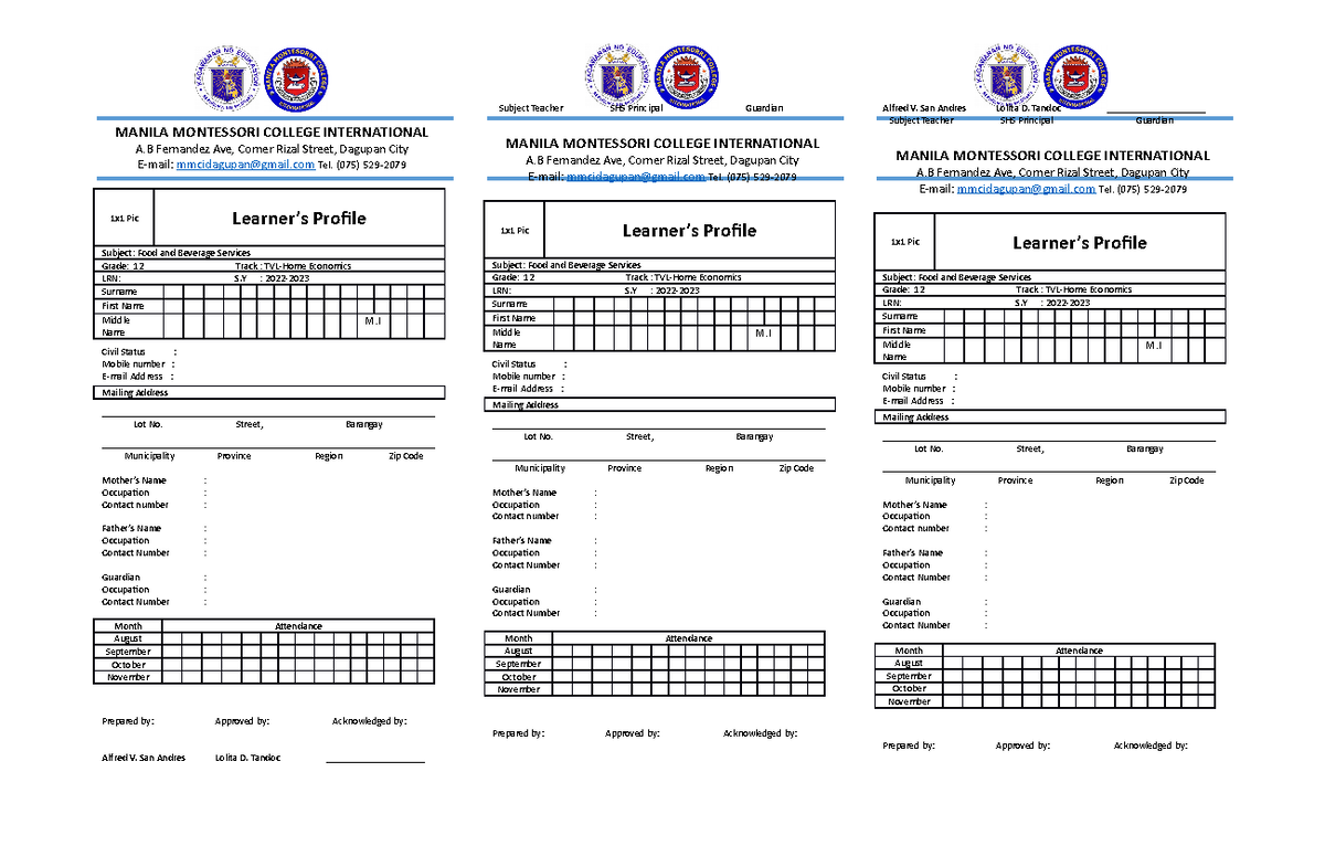 SHS Profile - Form - MANILA MONTESSORI COLLEGE INTERNATIONAL A ...