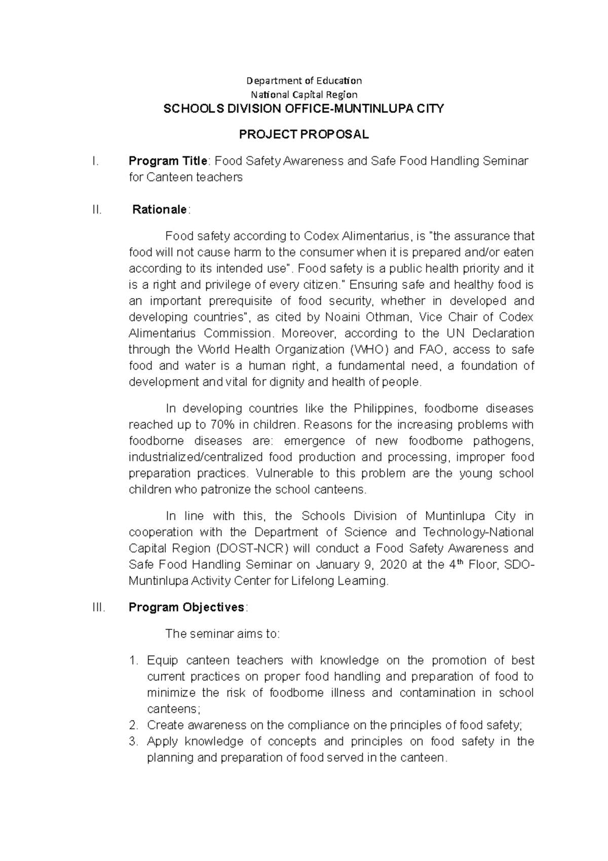 Project Proposal for Food Safety Seminar - Department of Education ...