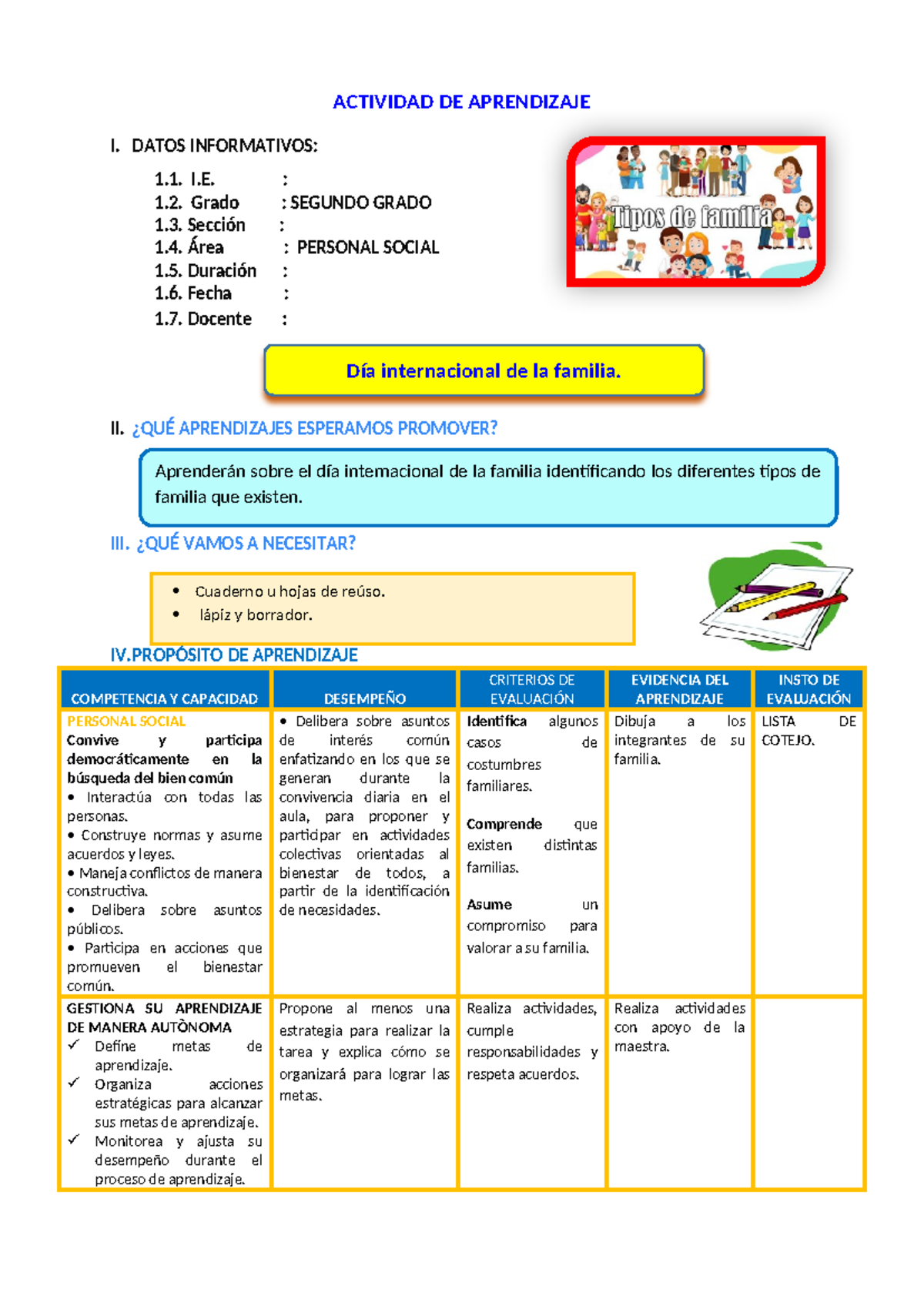 D1 A2 Sesion PS dia internacional de la familia - ACTIVIDAD DE APRENDIZAJE I. DATOS INFORMATIVOS ...