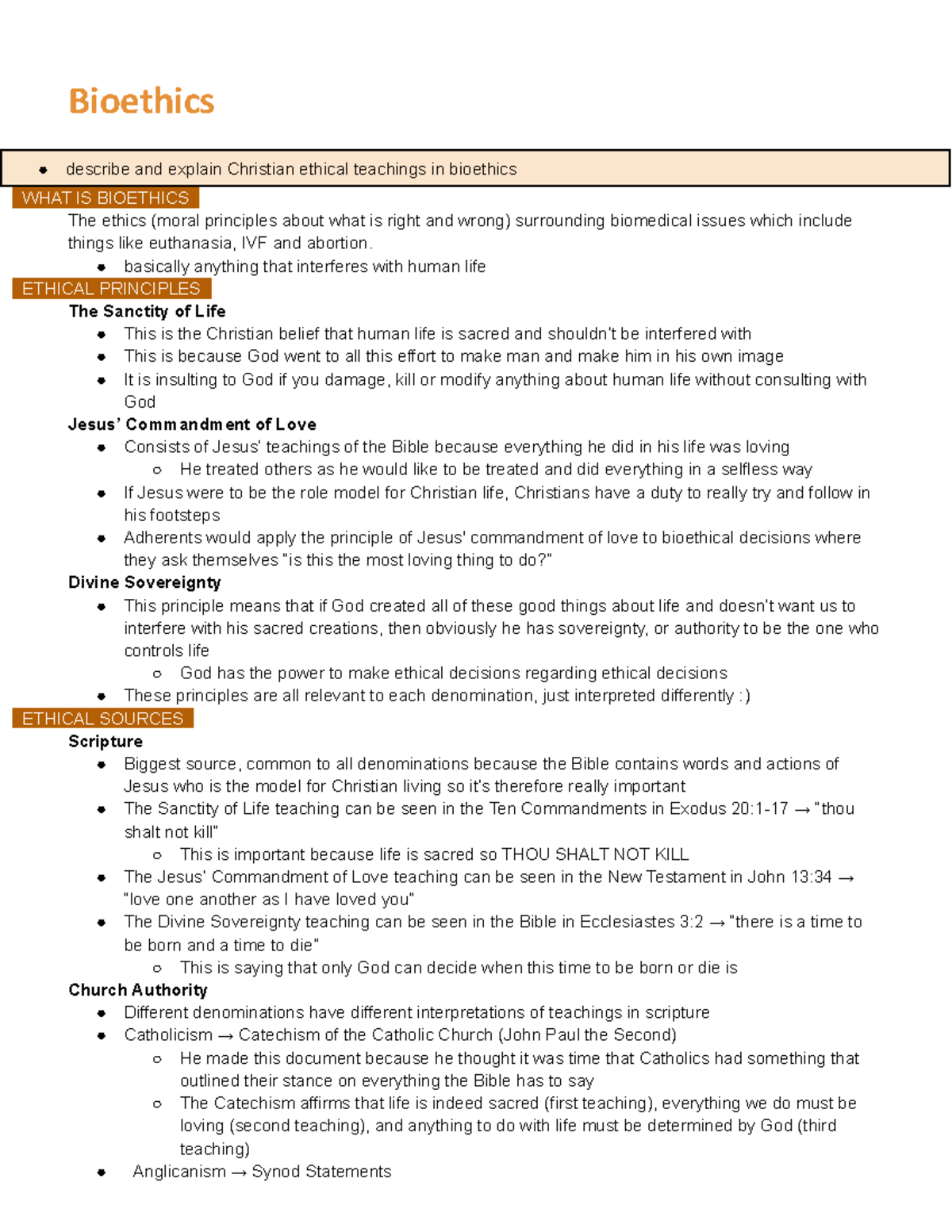 Bioethics Notes - Bioethics describe and explain Christian ethical ...