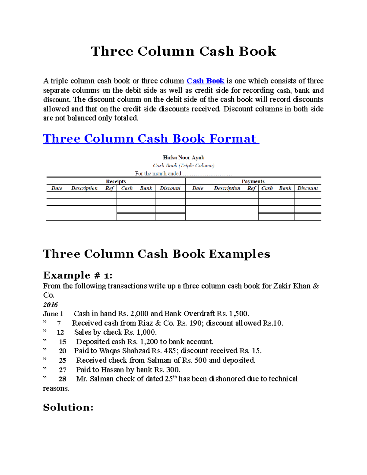 Three Column Cash Book - The discount column on the debit side of the ...