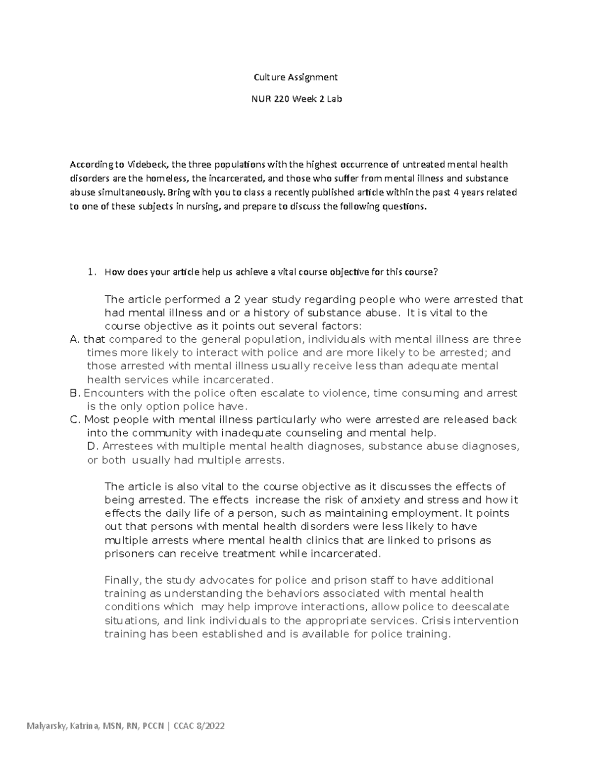 Culture Assignment 8 - Malyarsky, Katrina, MSN, RN, PCCN | CCAC 8 ...