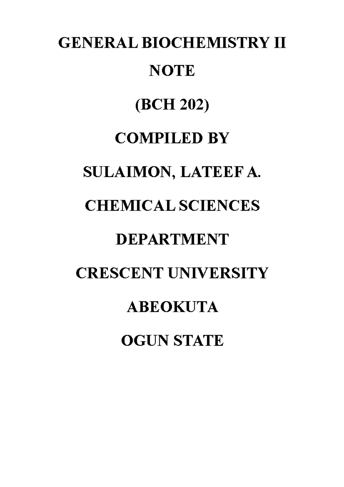 Introductory Biochemistry - GENERAL BIOCHEMISTRY II NOTE (BCH 202 ...