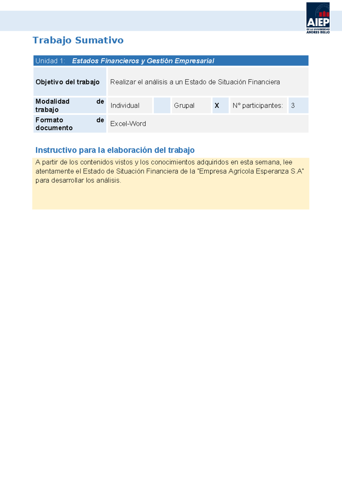 VF ANF101 Actividad Sumativa A Semana 3 - Trabajo Sumativo Unidad 1: Estados Financieros y ...