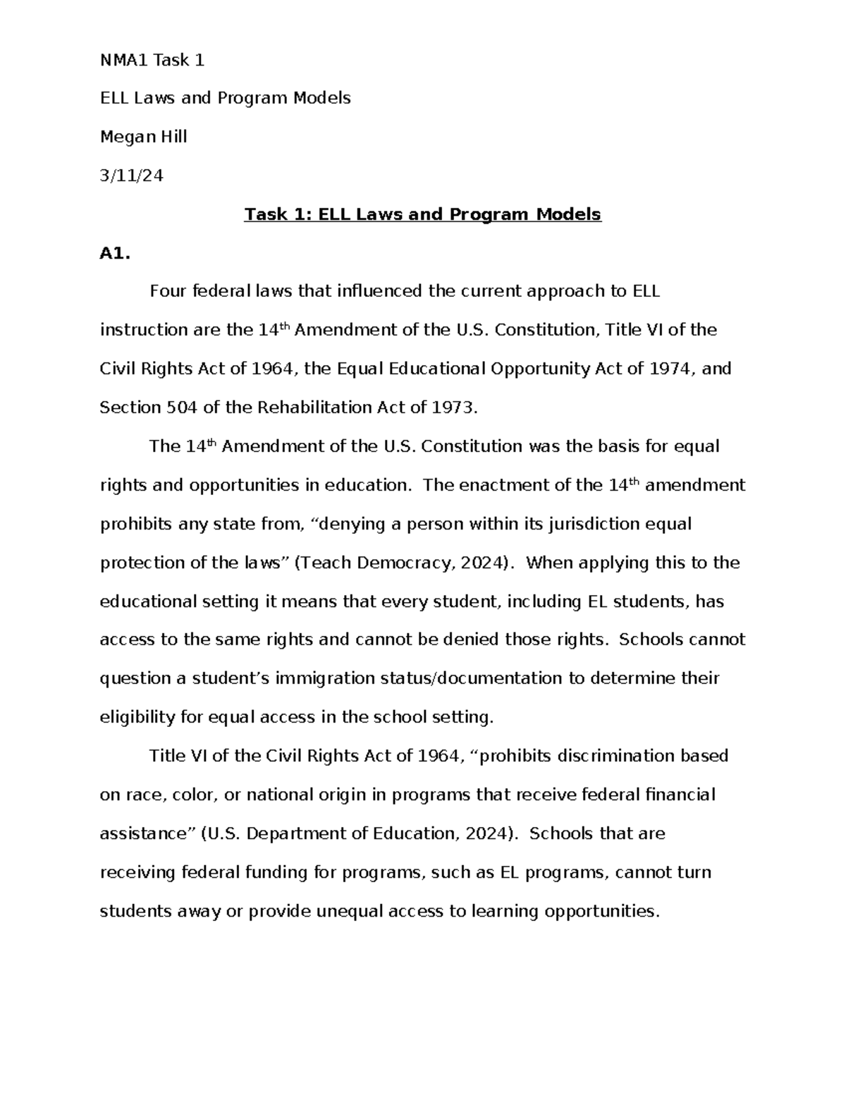 Task 1-ELL Laws - Four federal laws that influenced the current ...