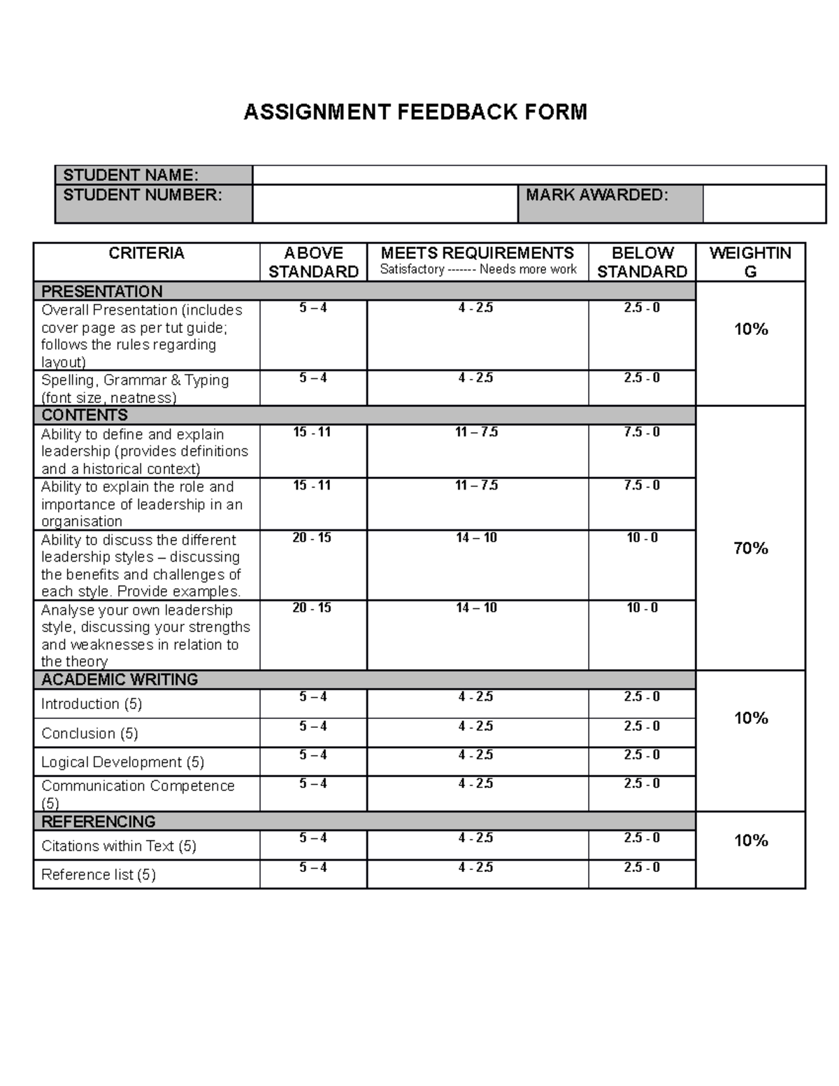 Assignment Feedback FORM BEC121F - ASSIGNMENT FEEDBACK FORM STUDENT ...