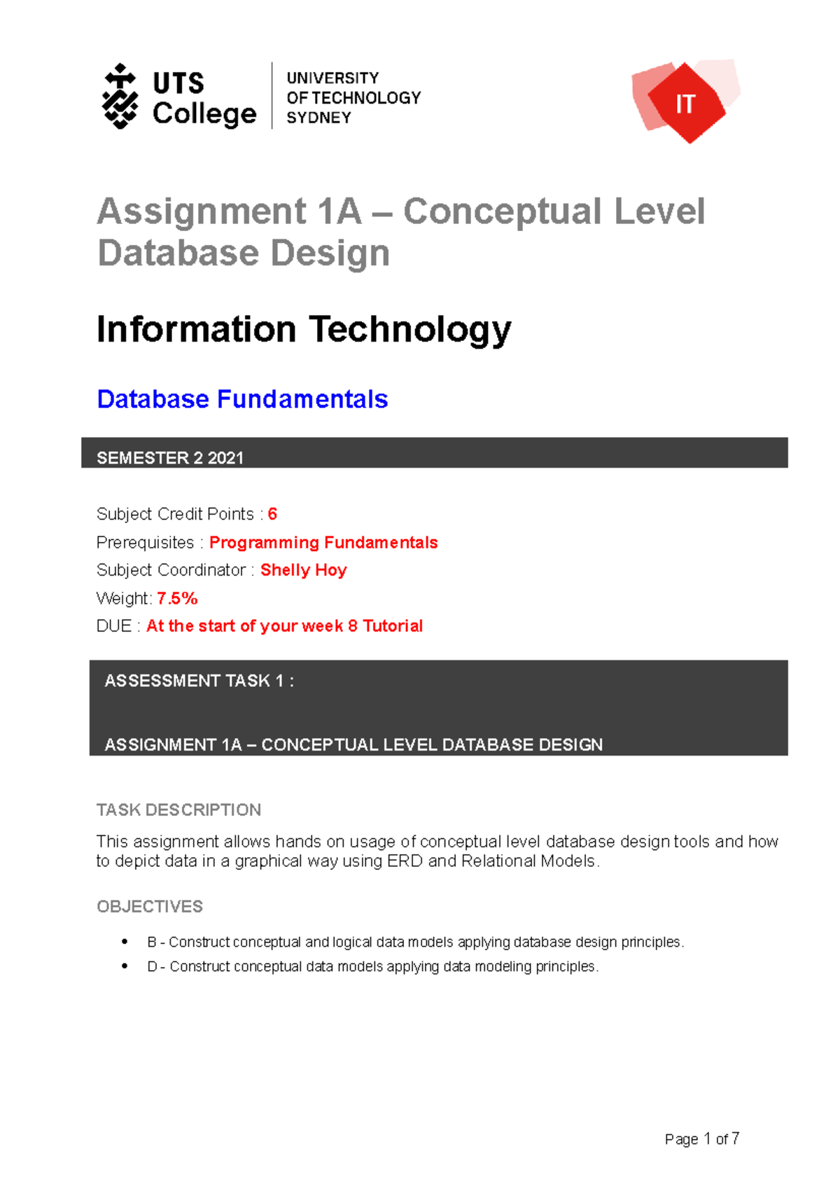 Assignment 1A - Question Sheet - Assignment 1A – Conceptual Level ...
