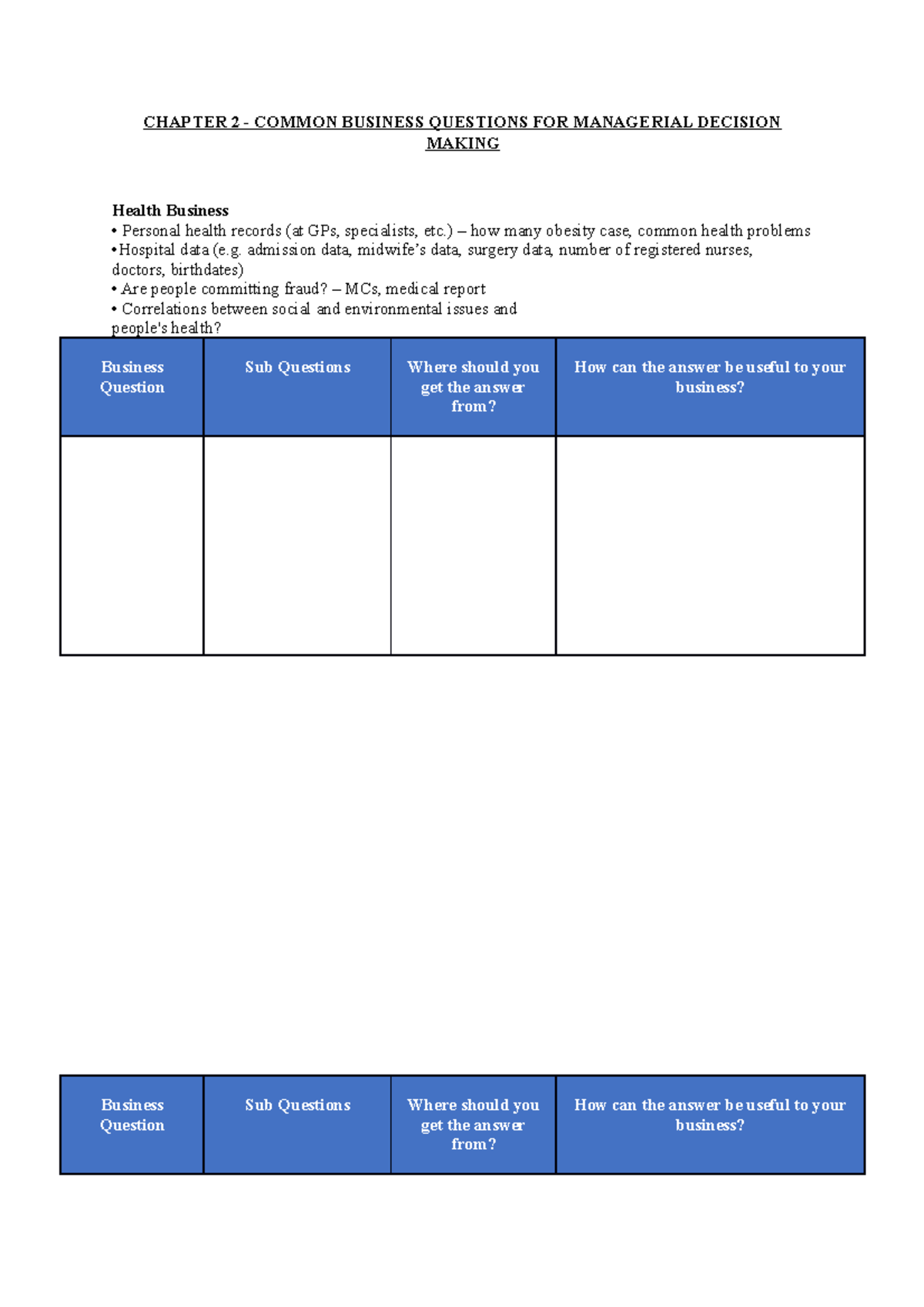 Common Business Question - CHAPTER 2 - COMMON BUSINESS QUESTIONS FOR ...