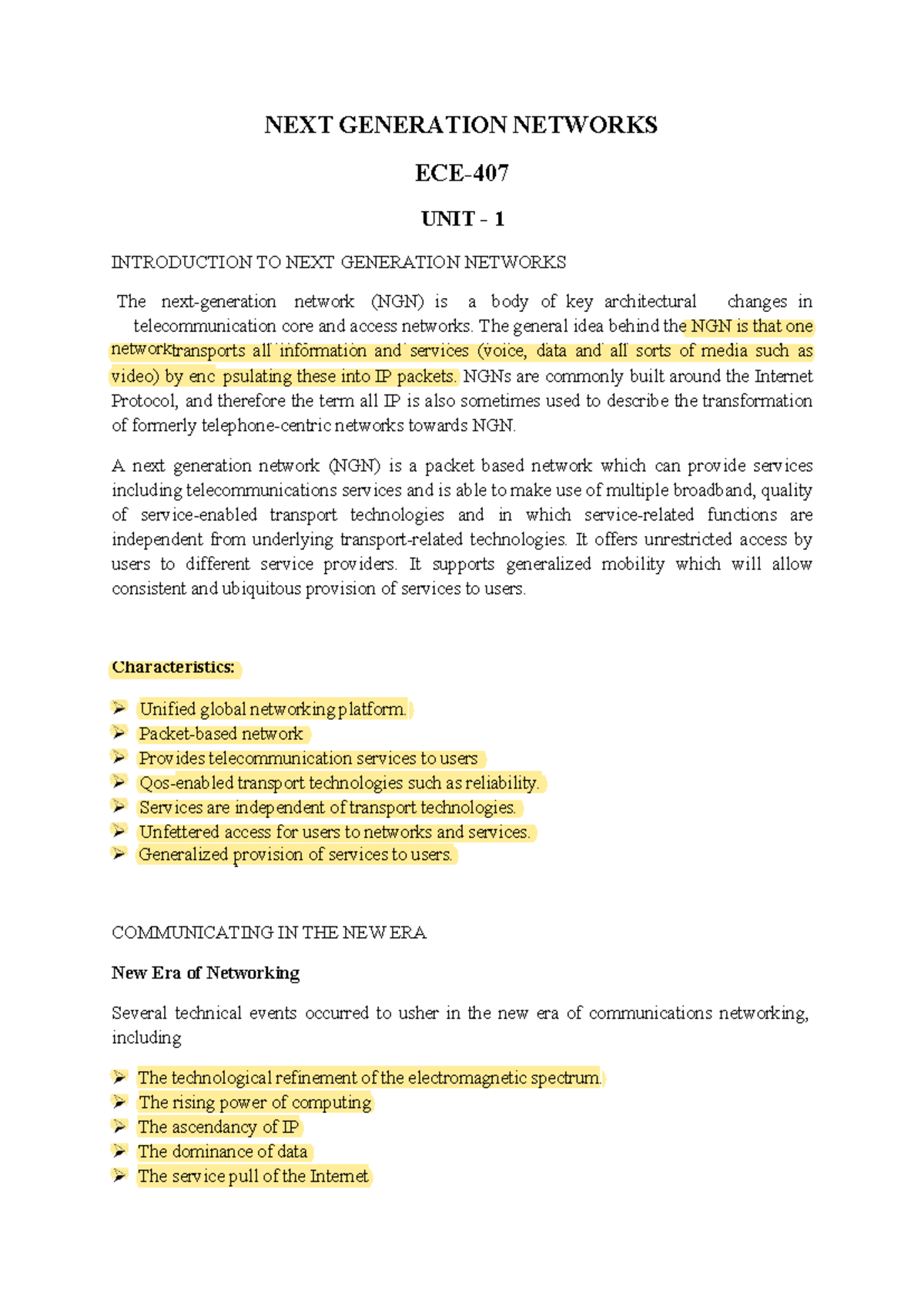 NGN-Unit 1 Notes - network transports all information and services ...
