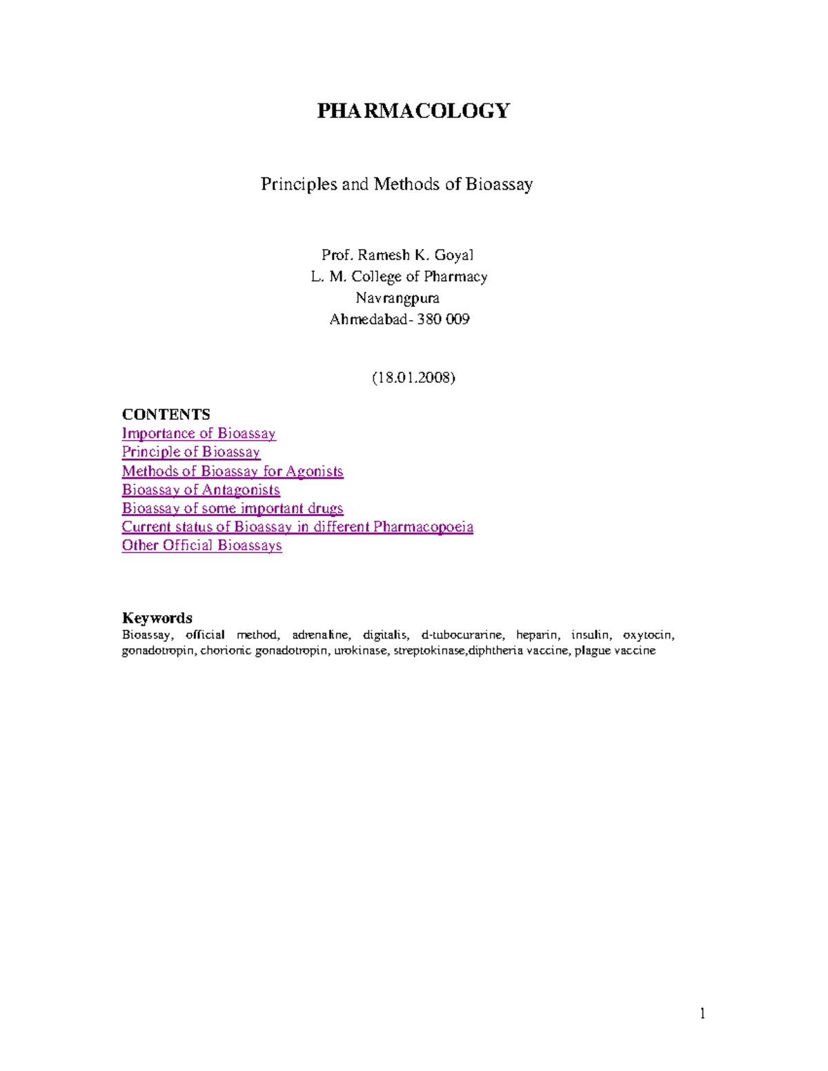 Bioassay Final - PHARMACOLOGY Principles and Methods of Bioassay Prof ...