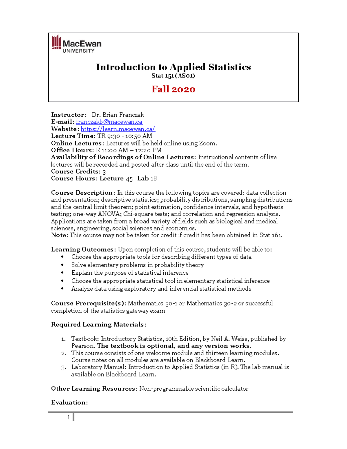 S151 AS01 Course Outline(3) - Introduction to Applied Statistics Stat 151 (AS01) Fall 2020 - Studocu