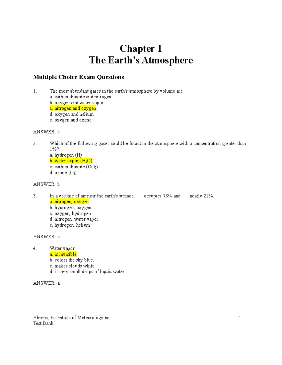 Chapter 1 test bank - Chapter 1 The Earth’s Atmosphere Multiple Choice ...