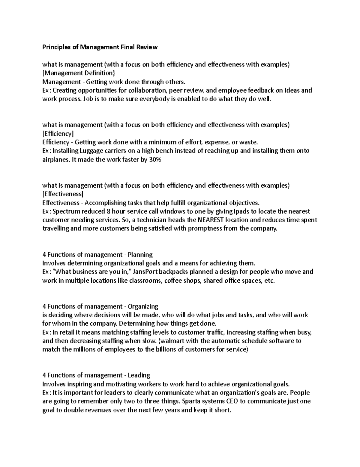 Principles of Management Final Review - Ex: Creating opportunities for ...