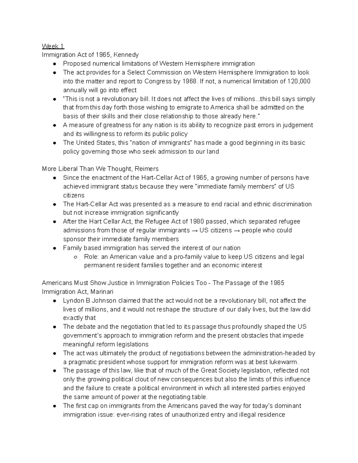 ASAM 2 Readings - Week 1 Immigration Act of 1965, Kennedy Proposed ...