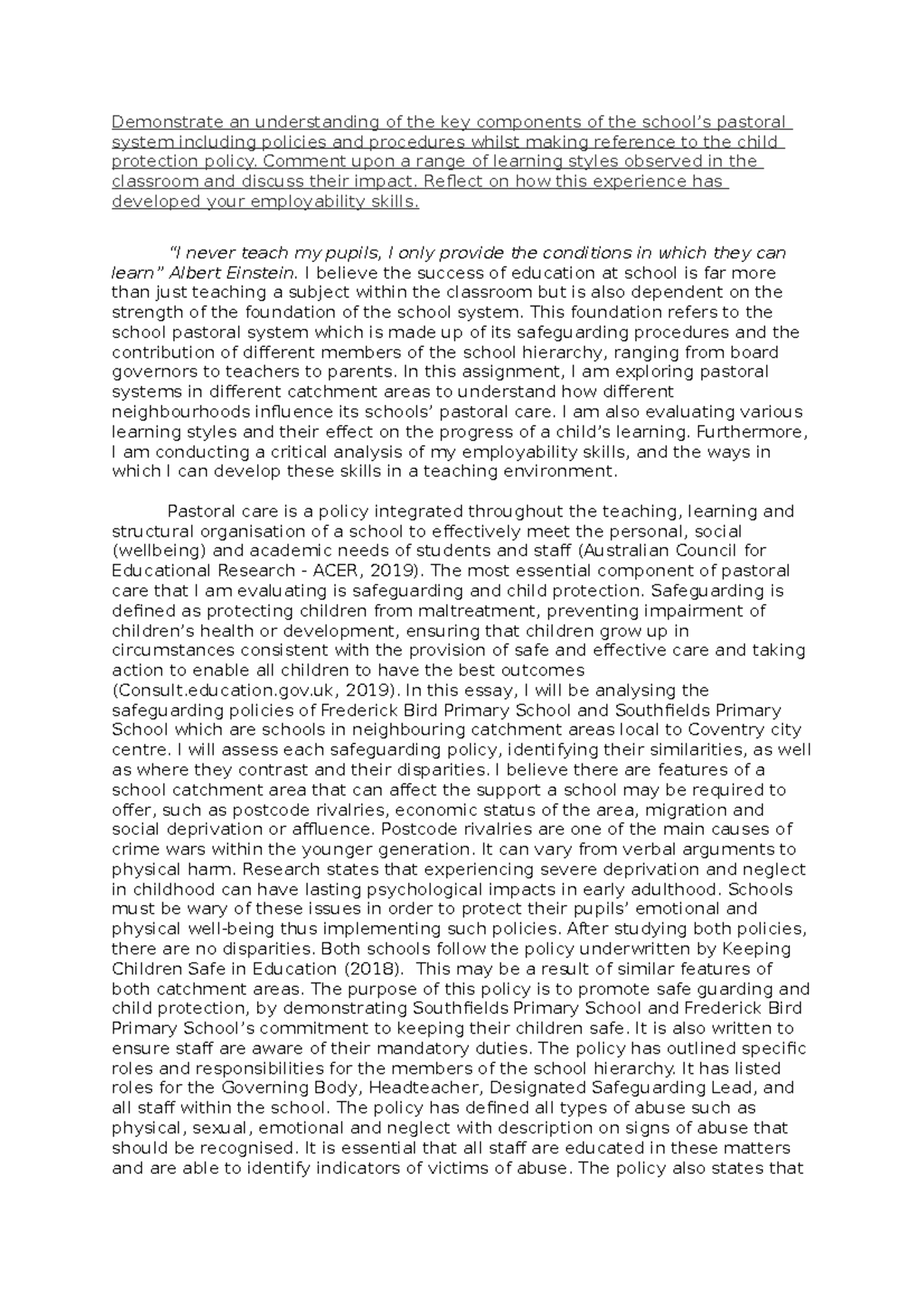 A202 School Pastoral Systems - Demonstrate an understanding of the key ...