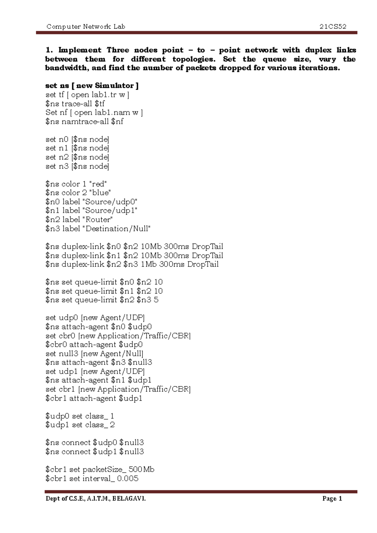 21CS52 Computer Network lab manual - Implement Three nodes point – to – point network with ...