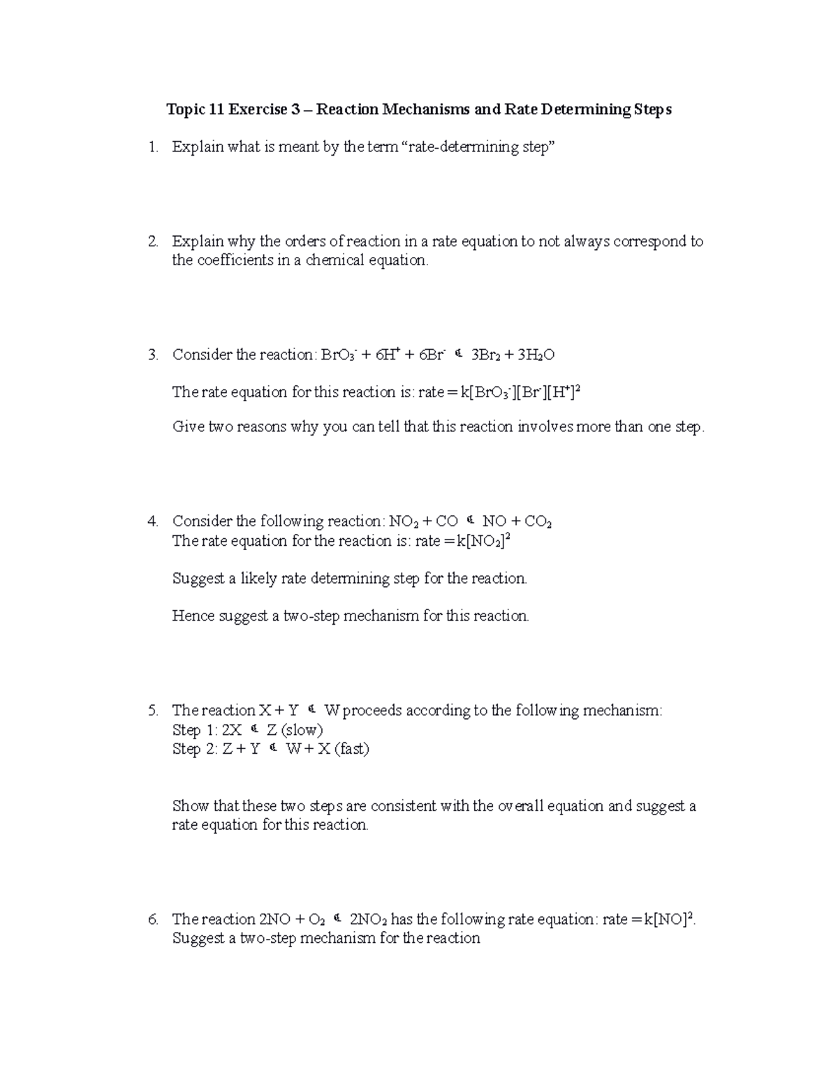 Topic 11 exercise 3 - rate determining steps - Topic 11 Exercise 3 ...