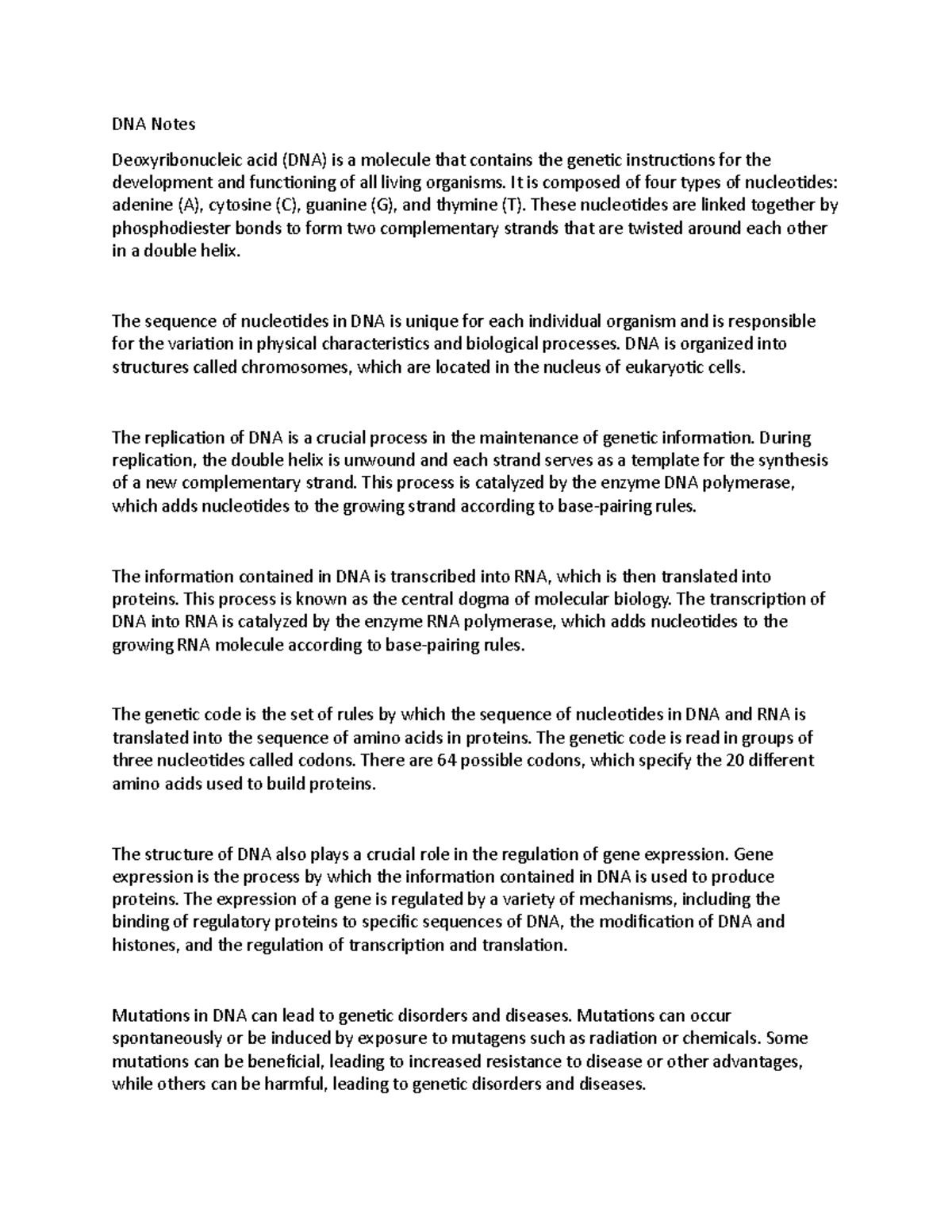 DNA Notes - DNA Notes Deoxyribonucleic acid (DNA) is a molecule that ...