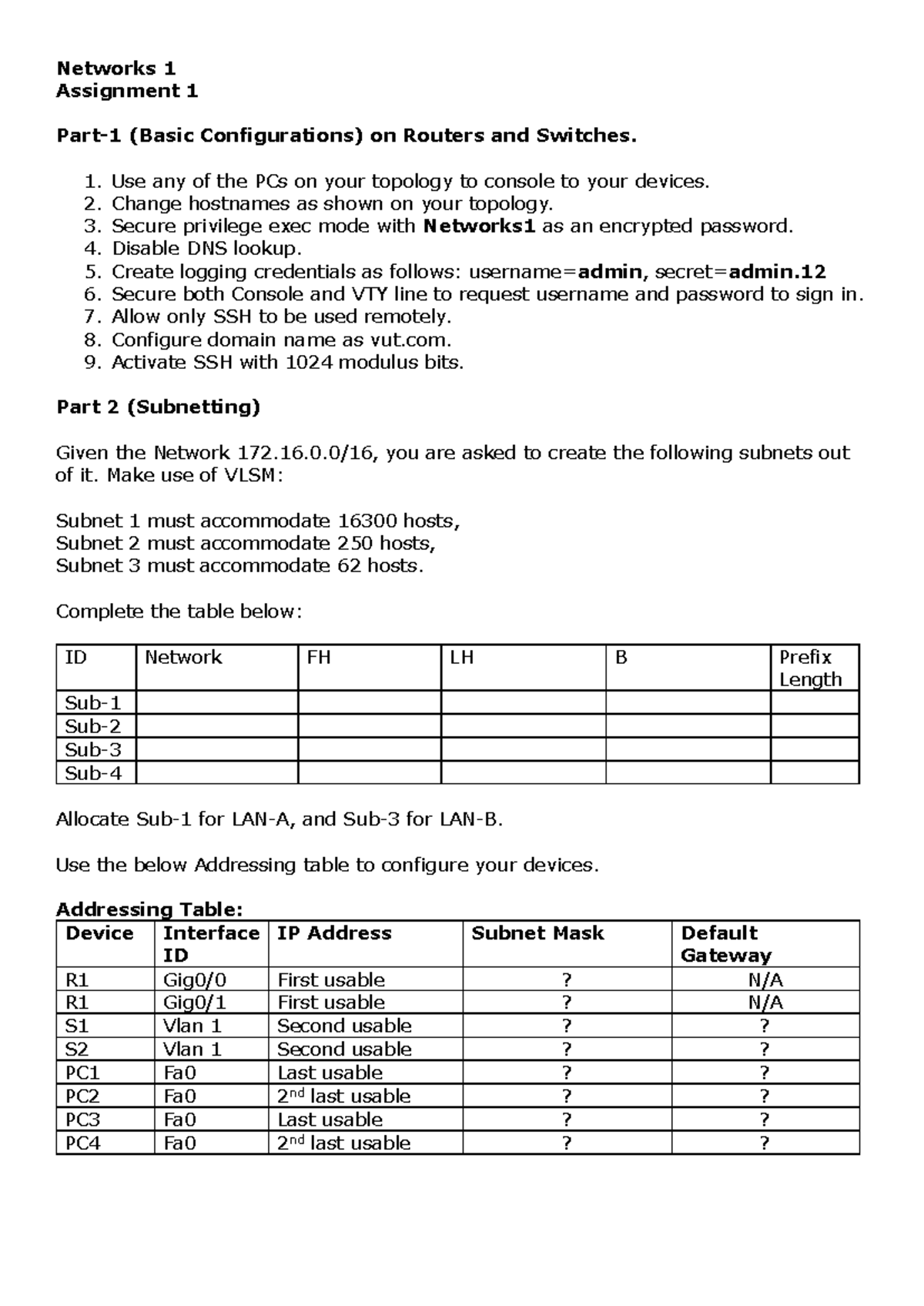Networks 1 Assignment Instructions - Networks 1 Assignment 1 Part- 1 (Basic Configurations) on ...