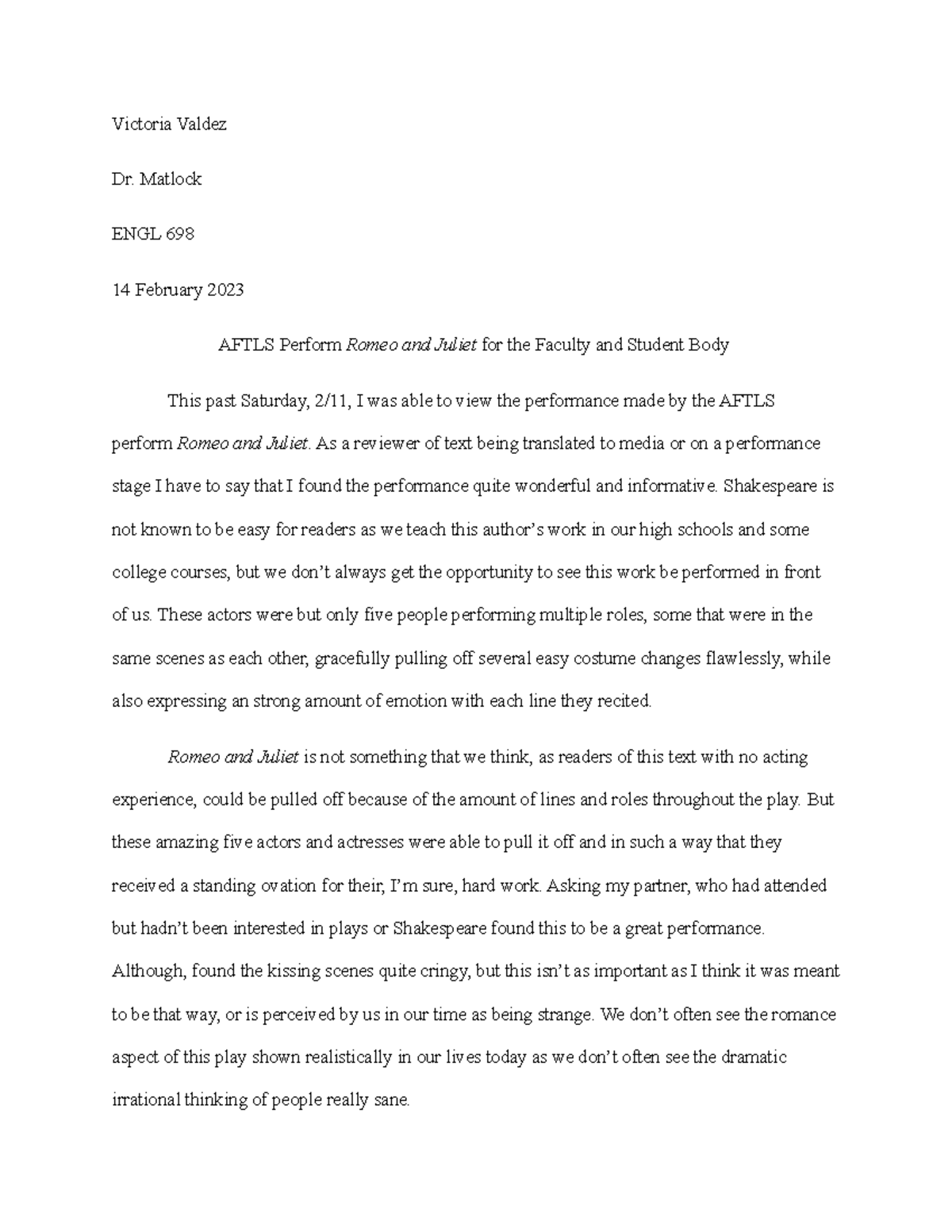 Theater Review - Dr. Matlock - Victoria Valdez Dr. Matlock ENGL 698 14 ...