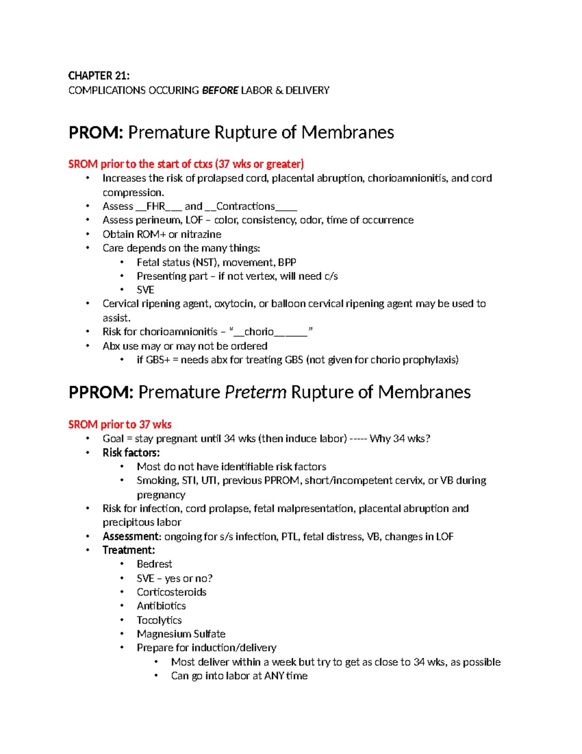 Chapter 21 study guide - Exam 4 heme - CHAPTER 21: COMPLICATIONS OCCURING BEFORE LABOR & - Studocu