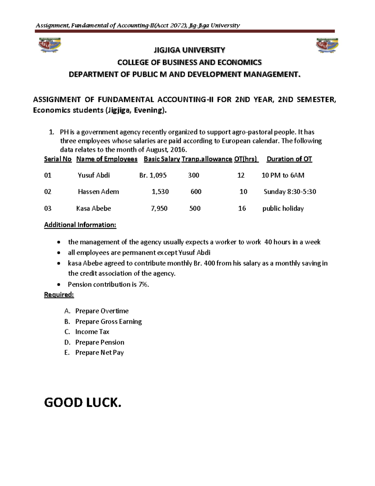 Evening assignment - Assignment, Fundamental of Accounting-II(Acct 2072 ...