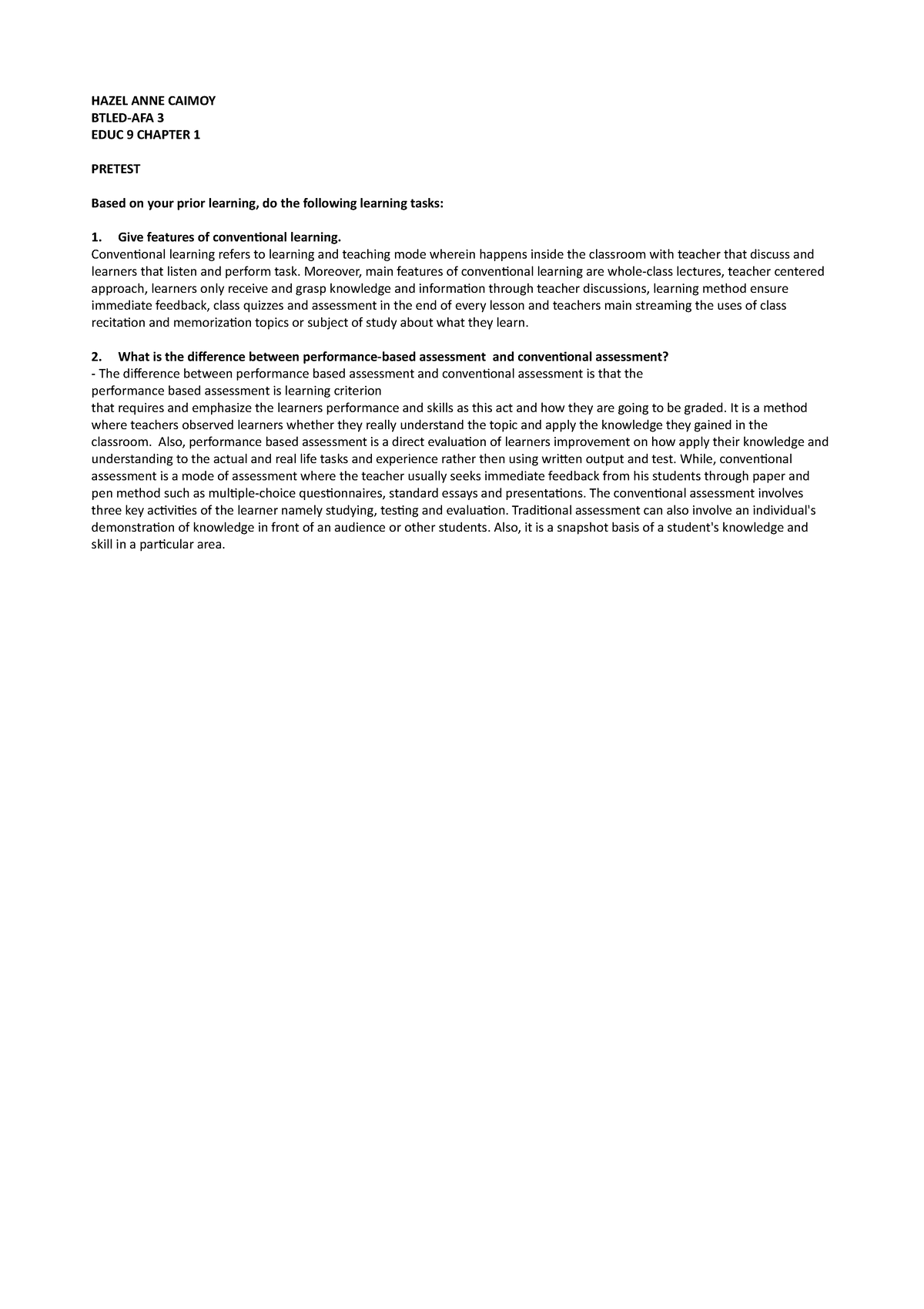 EDUC 9 Chapter 1 Caimoy - HAZEL ANNE CAIMOY BTLED-AFA 3 EDUC 9 CHAPTER ...