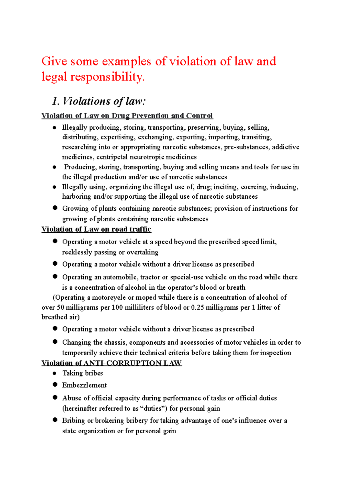 Practice 1 Business Law - Give some examples of violation of law and ...