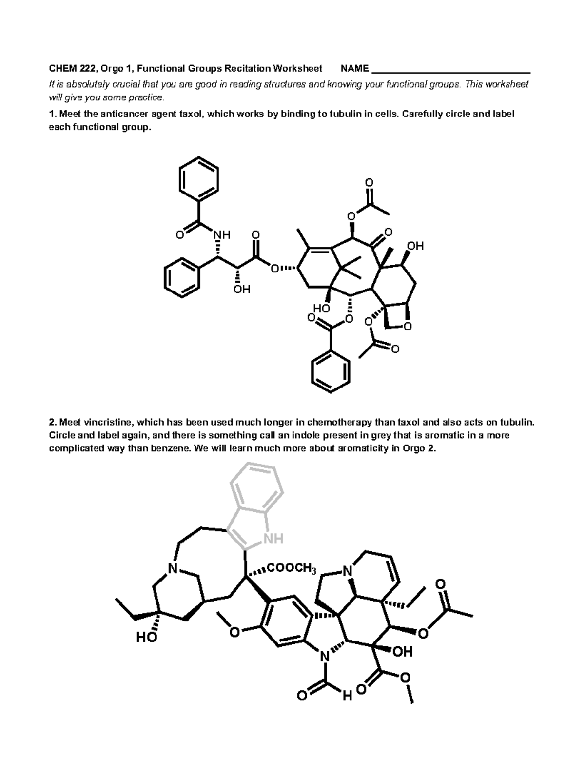 CHEM 222 rec 5 Func Groups F23 - CHEM 22 2 , Orgo 1 , Functional Groups ...