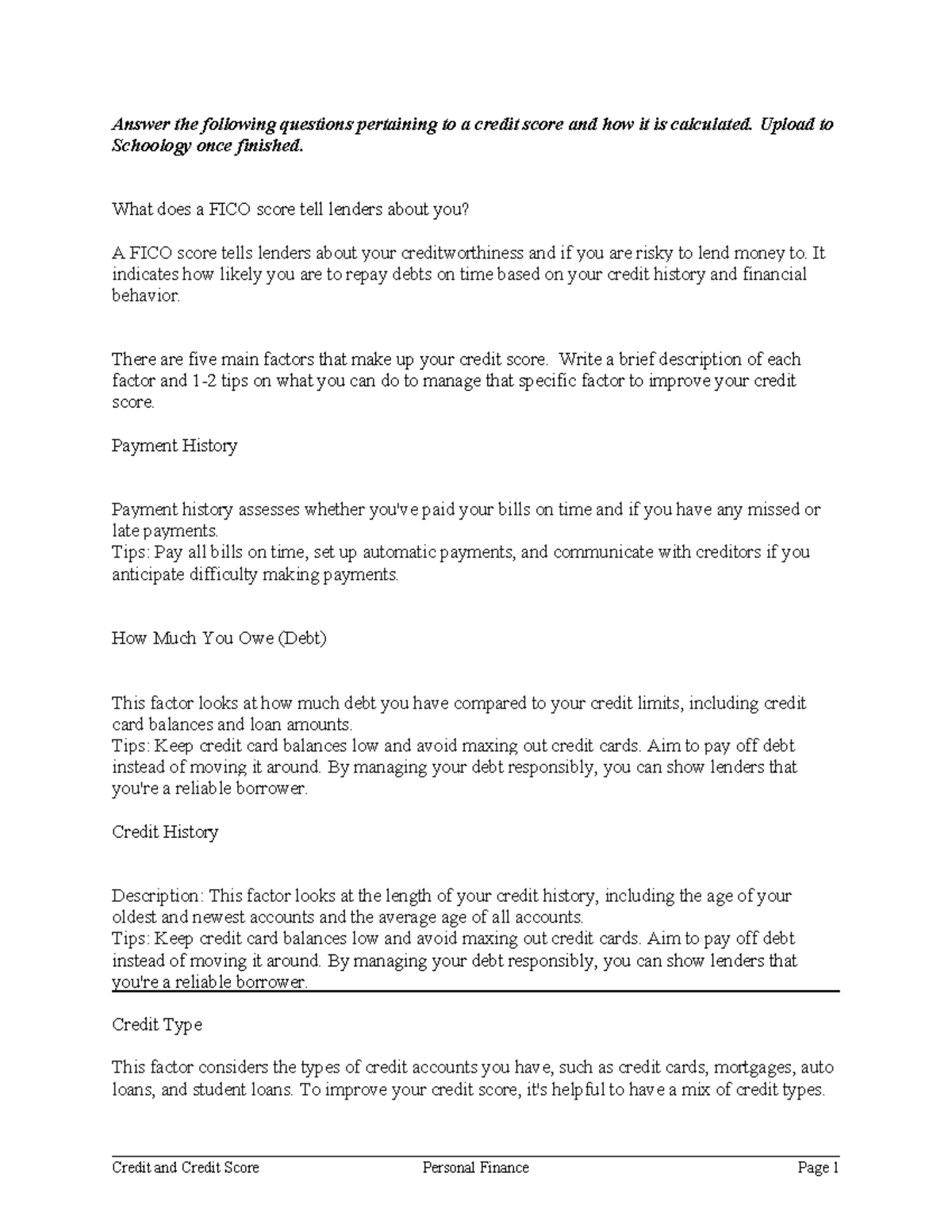 Credit Report Credit Card Worksheet - Answer the following questions ...