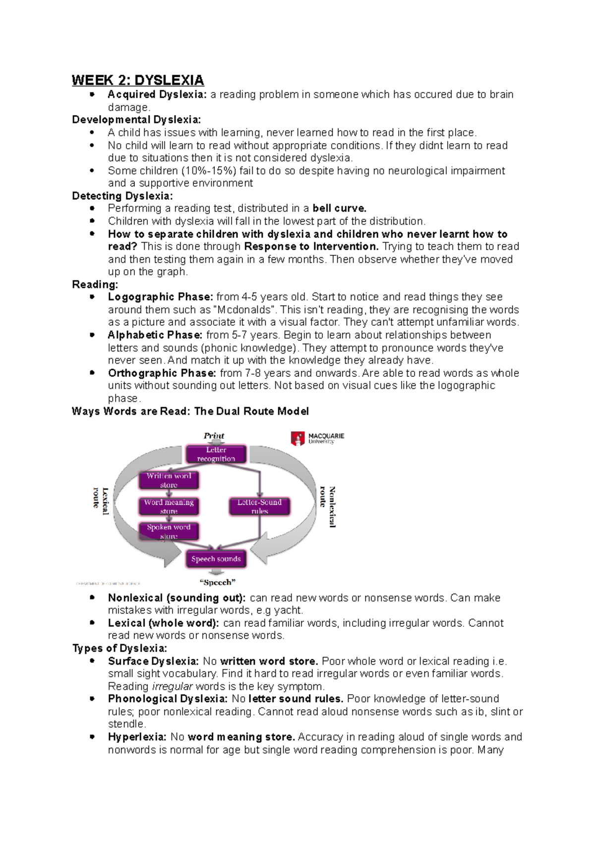 Week 2 - Lecture notes 2 - WEEK 2: DYSLEXIA Acquired Dyslexia: a ...
