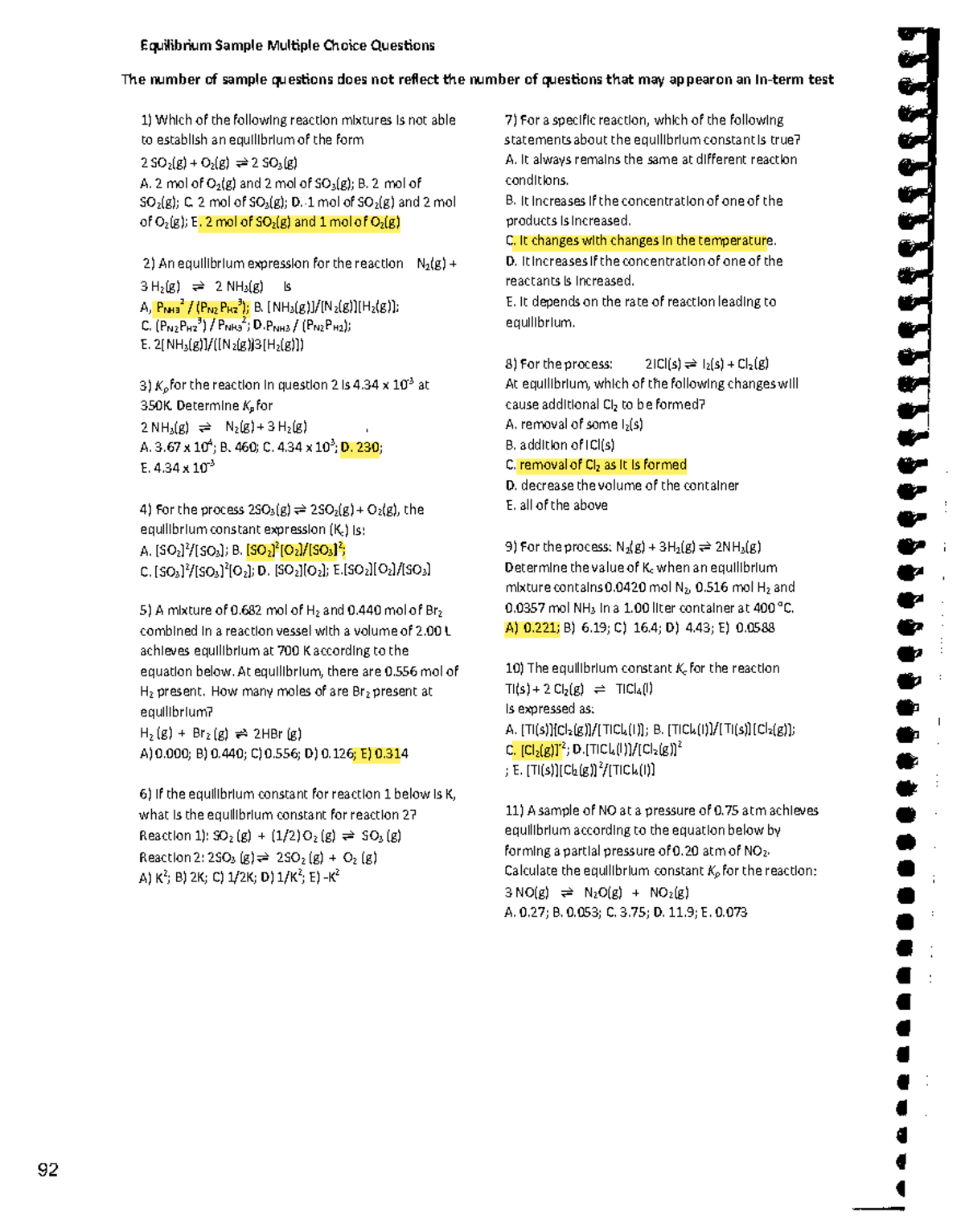 Equilibrium Sample Exam Questions withanswers - 92 Which of the ...