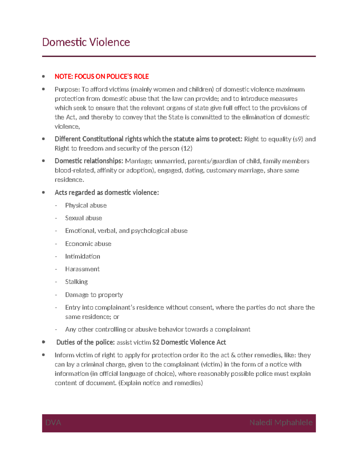 Domestic Violence Act - Domestic Violence NOTE: FOCUS ON POLICE’S ROLE ...
