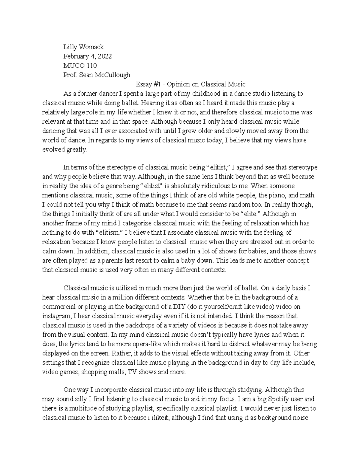 Essay 1 - Writing about my opinion on classical music - Lilly Womack ...